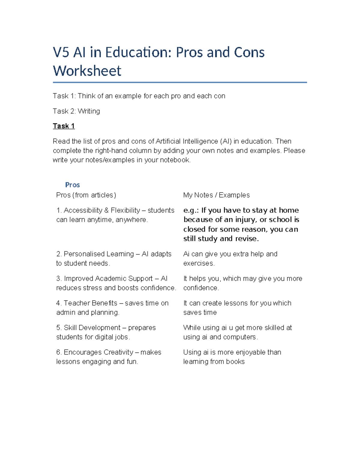 AI in Education: Pros and Cons Worksheet (V5) - Studeersnel