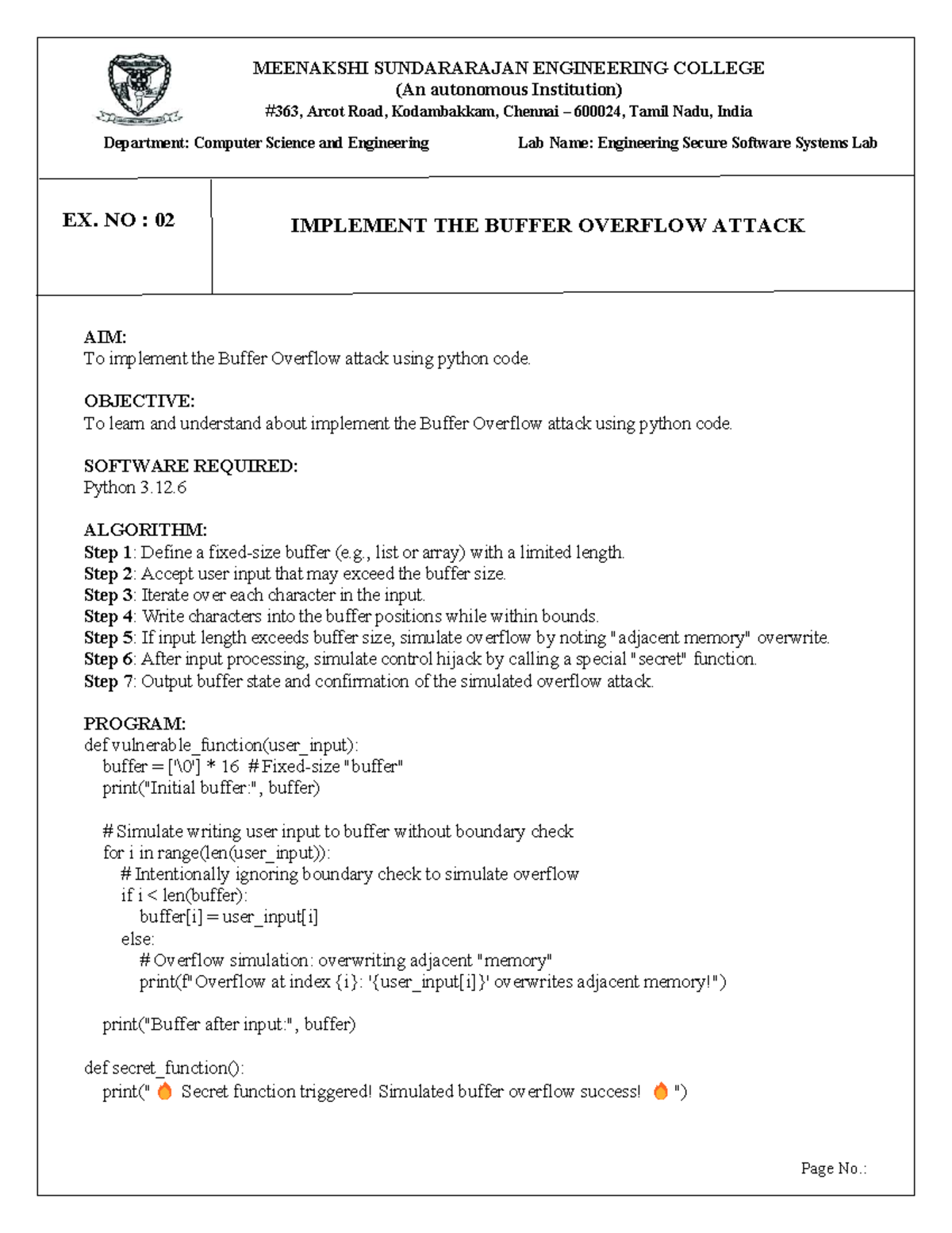 Ex. 02 - Implementing Buffer Overflow Attack in Python Code - Studocu