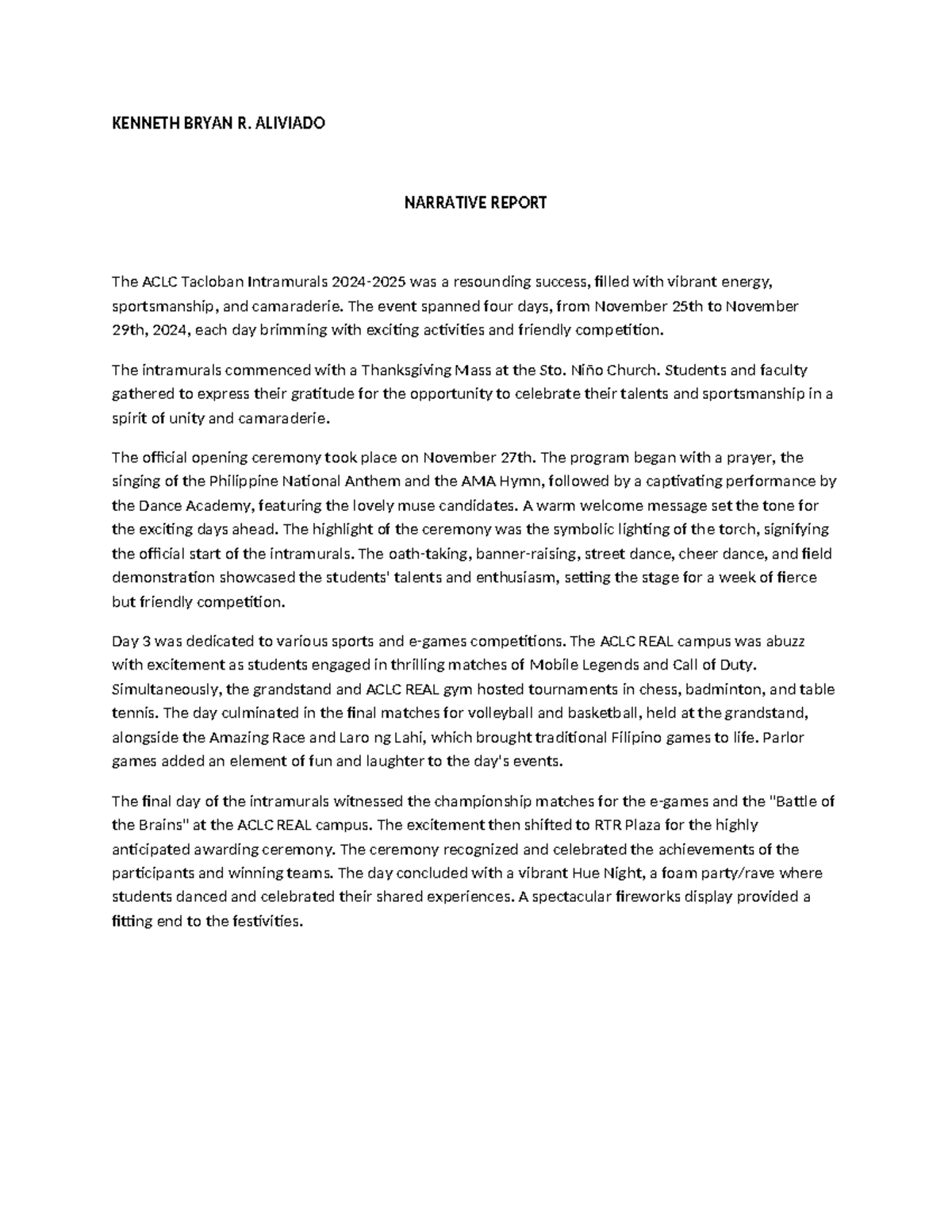 ACLC Tacloban Intramurals 2024-2025 Narrative Report - Studocu