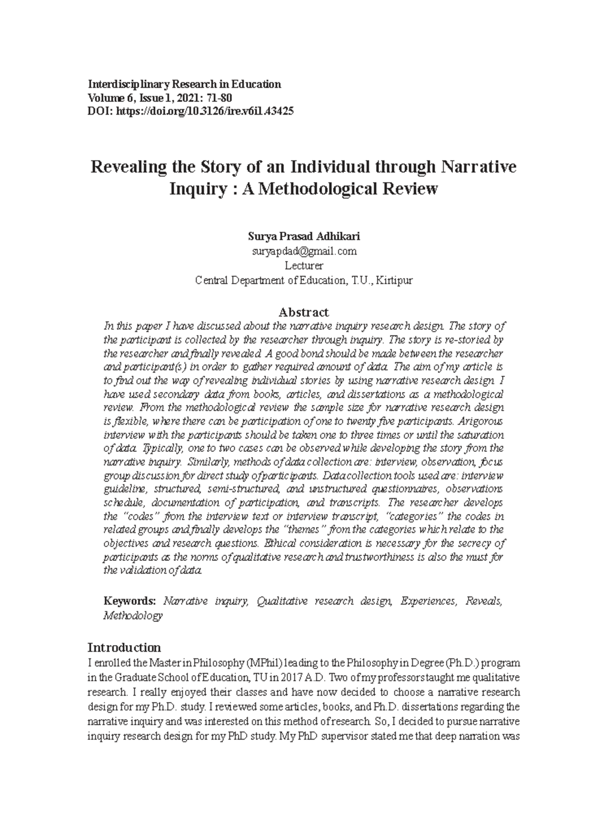 Narrative Inquiry Methodology: Revealing Individual Stories in ...