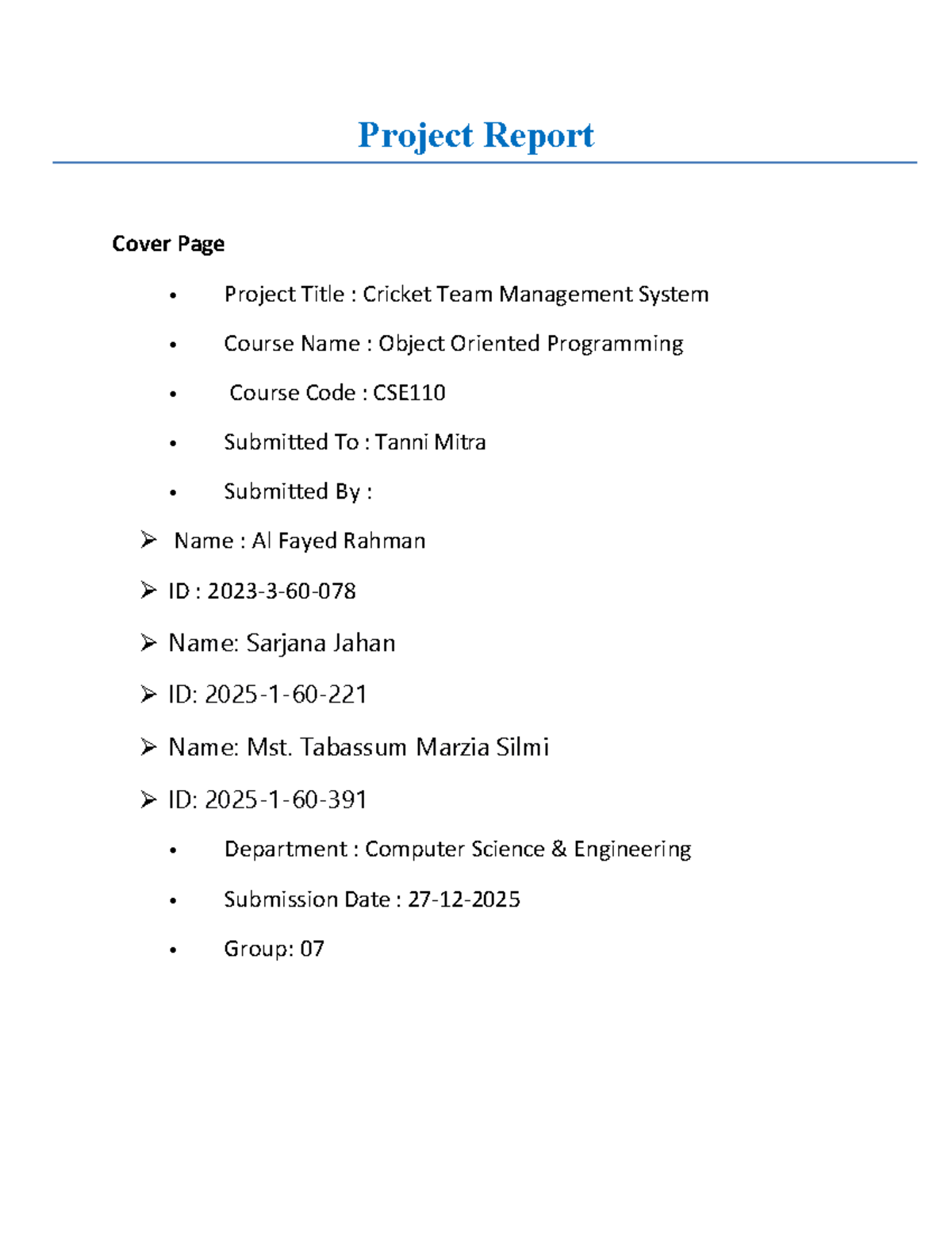 CSE110 Project Report: Cricket Team Management System Overview - Studocu