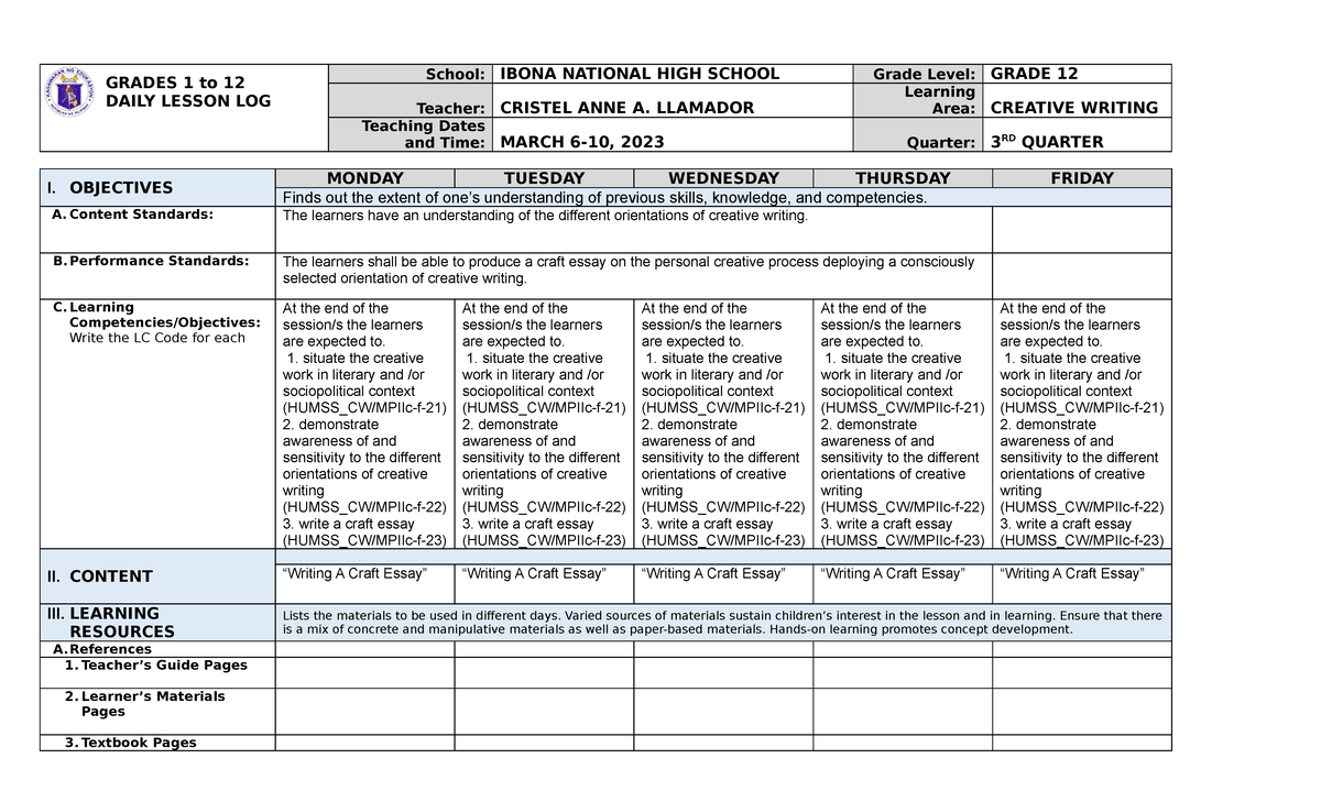 Creative Writing Lesson Plan - DLL WEEK 4 (Grade 12) - Studocu