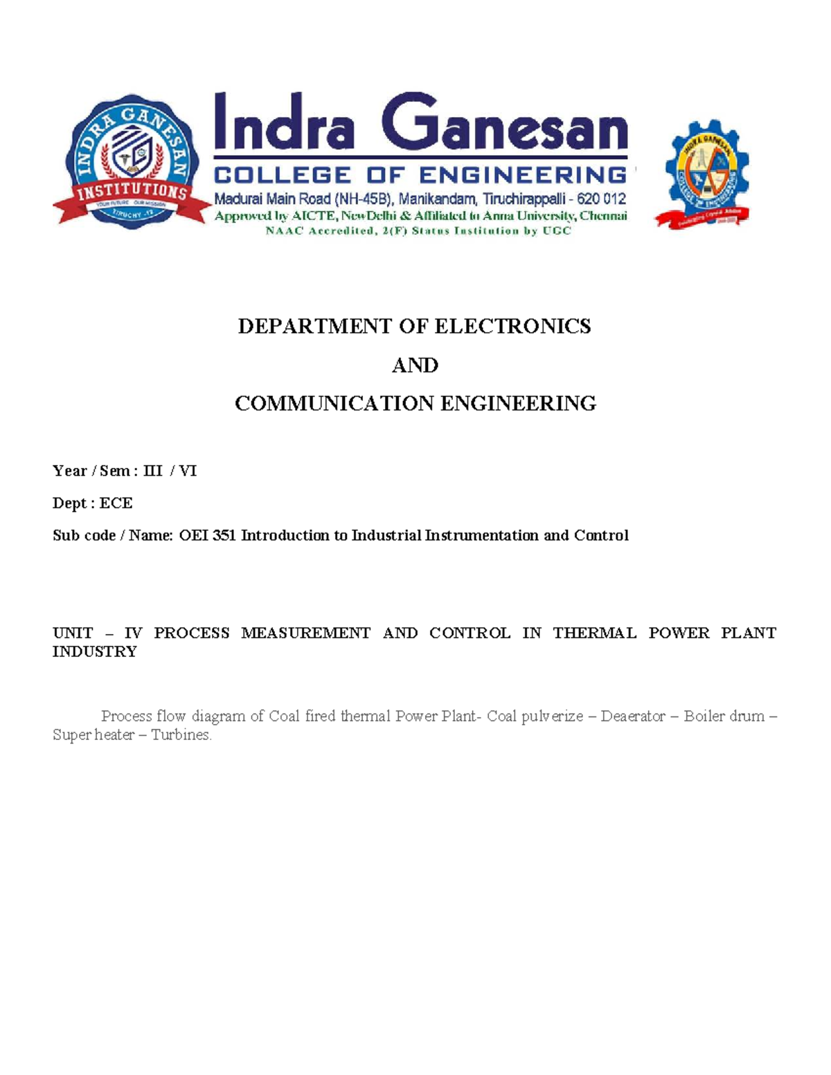 Unit IV - Process Measurement & Control in Thermal Power Plants (OEI ...