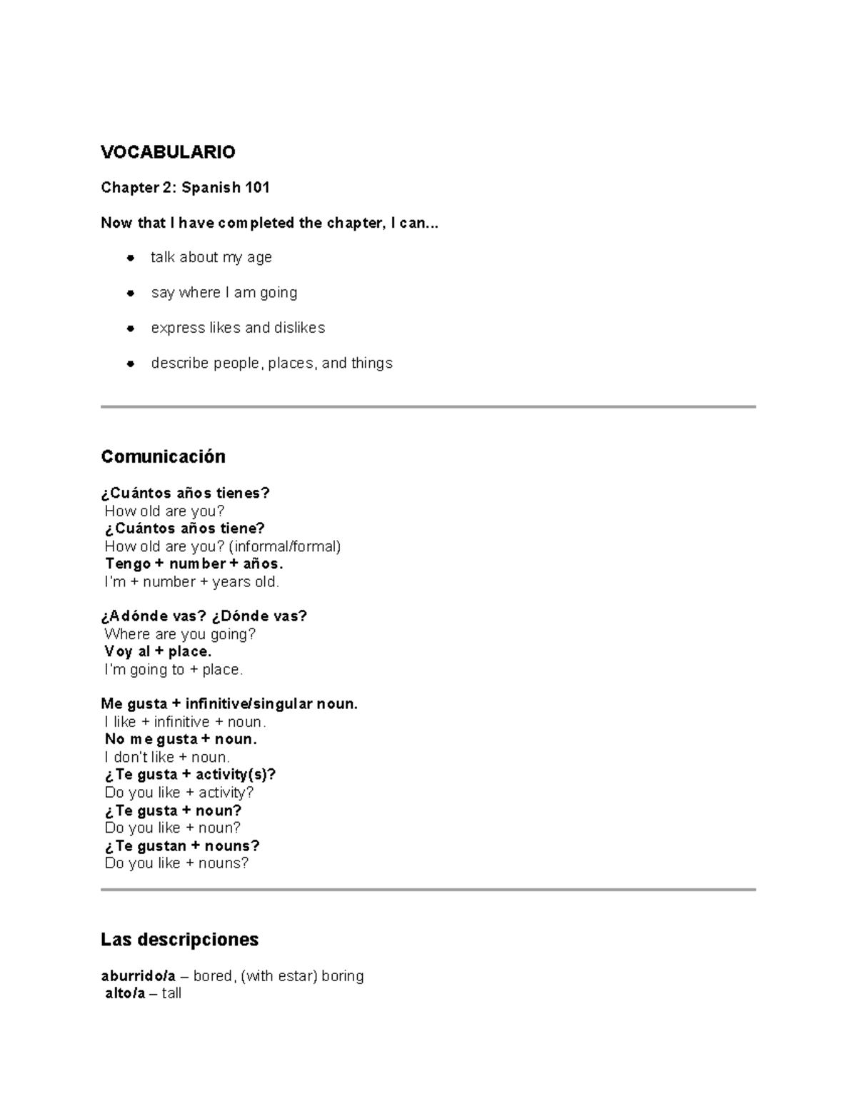 Spanish 101: Vocabulary & Grammar Overview - Chapter 2 - Studocu