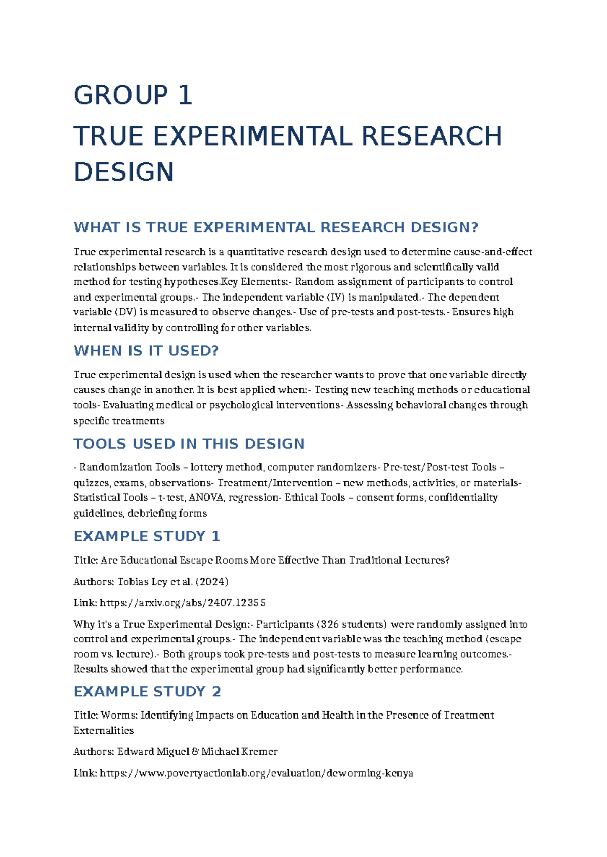 GROUP 1 TRUE EXPERIMENTAL RESEARCH DESIGN OVERVIEW - Studocu