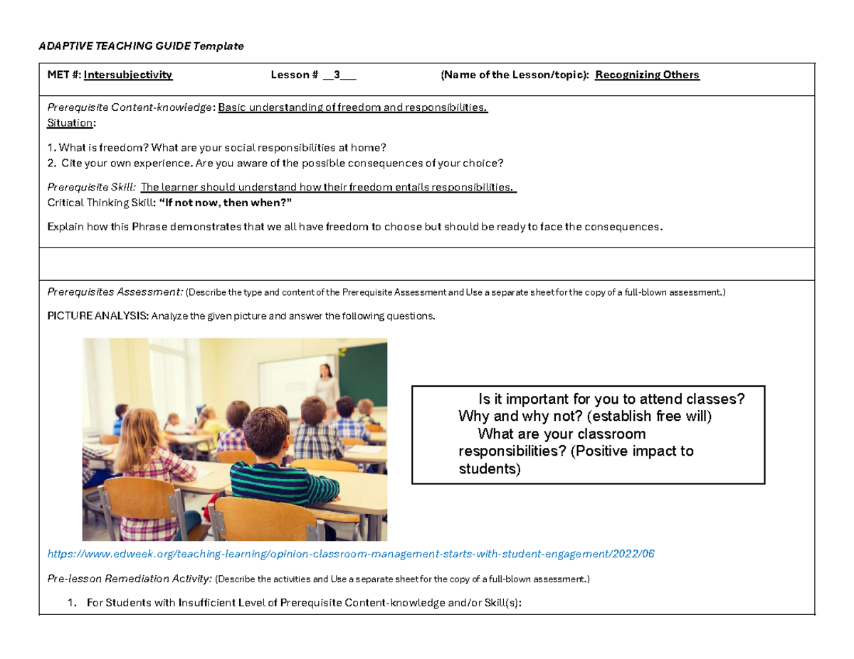 Adaptive Teaching Guide: MET Intersubjectivity Lesson Plan - Studocu