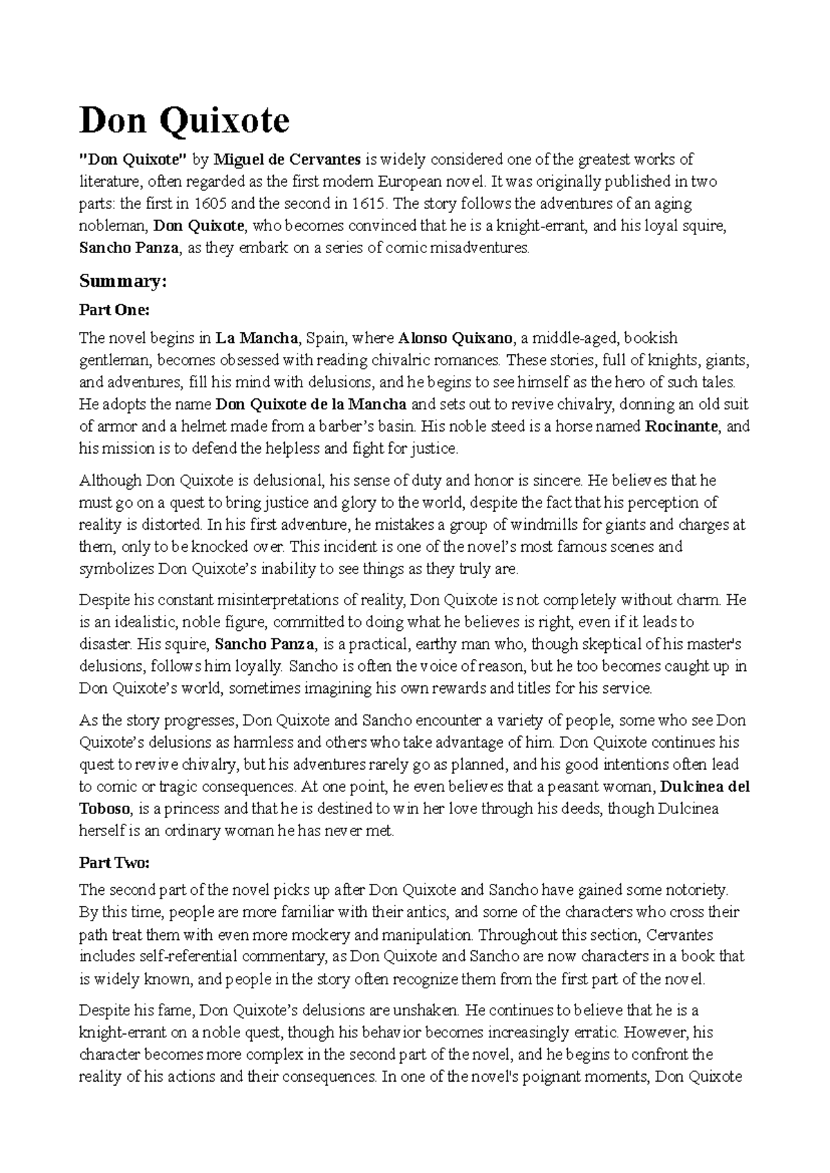 Don Quixote (ENG 101) Comprehensive Book Summary and Analysis - Studocu