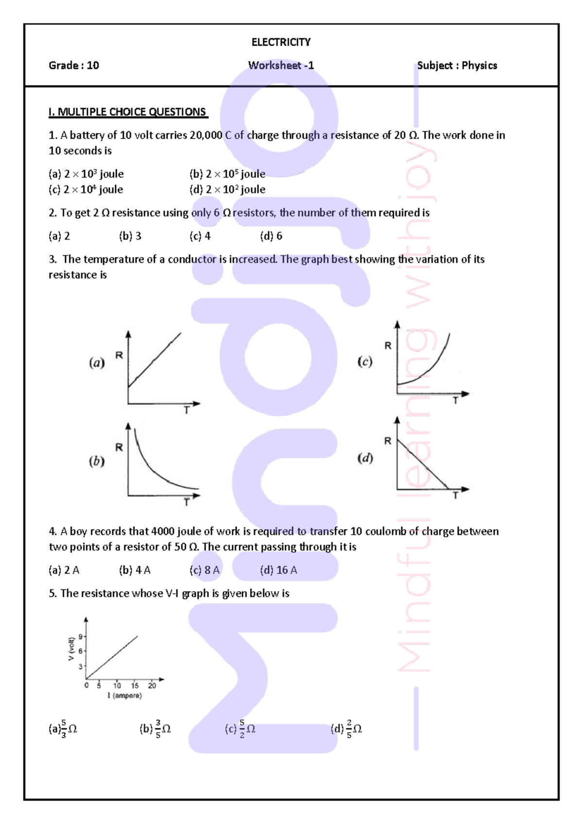 Grade 10 Physics: Electricity Worksheet & MCQs - Studocu
