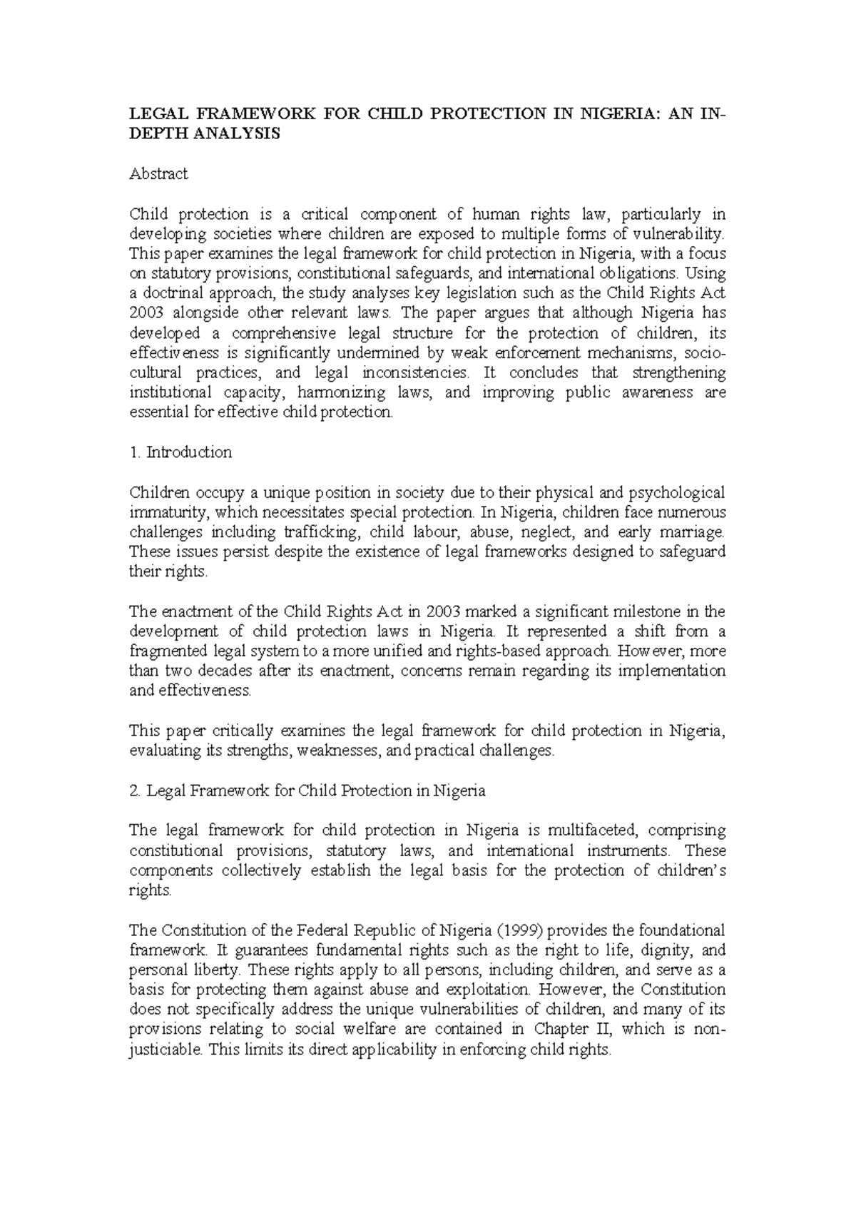Legal Framework for Child Protection in Nigeria: An In-Depth Analysis ...