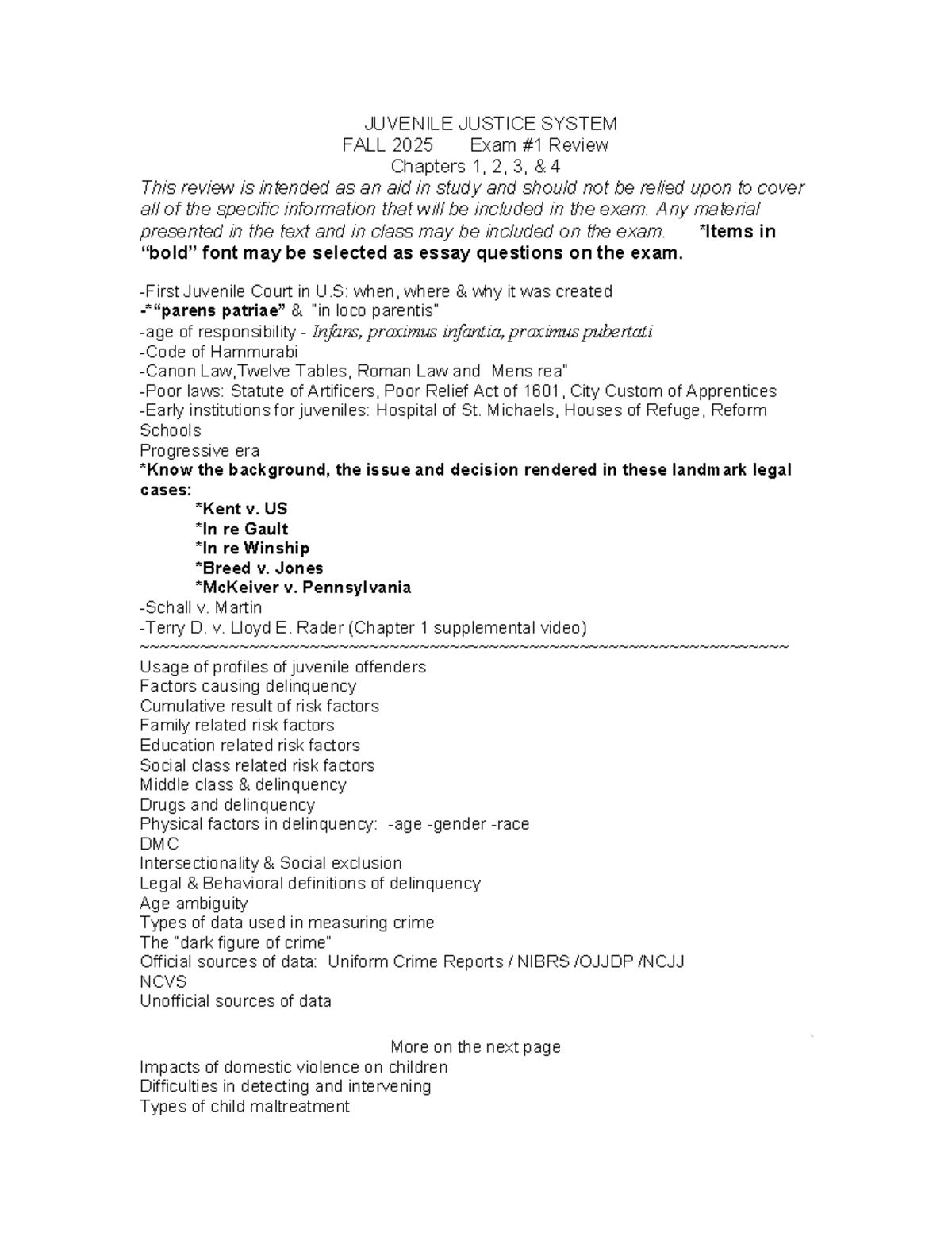 Exam #1 Review: Juvenile Justice System (FALL 2025) Chapters 1-4 - Studocu