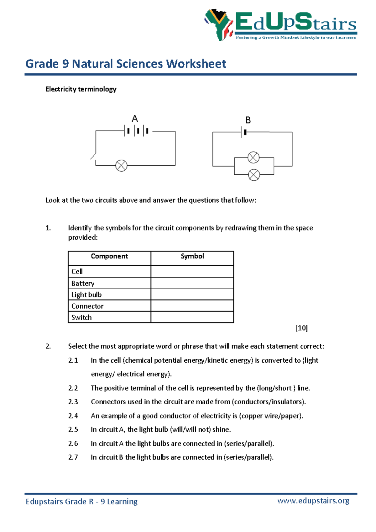 Grade 9 Natural Sciences Worksheet: Electricity Terminology - Studocu