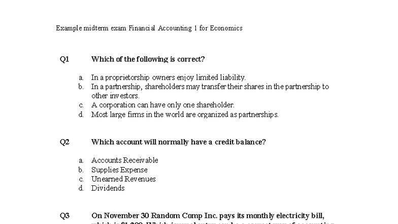 Example Midterm Exam Financial Accounting 1 for Economics - Studeersnel