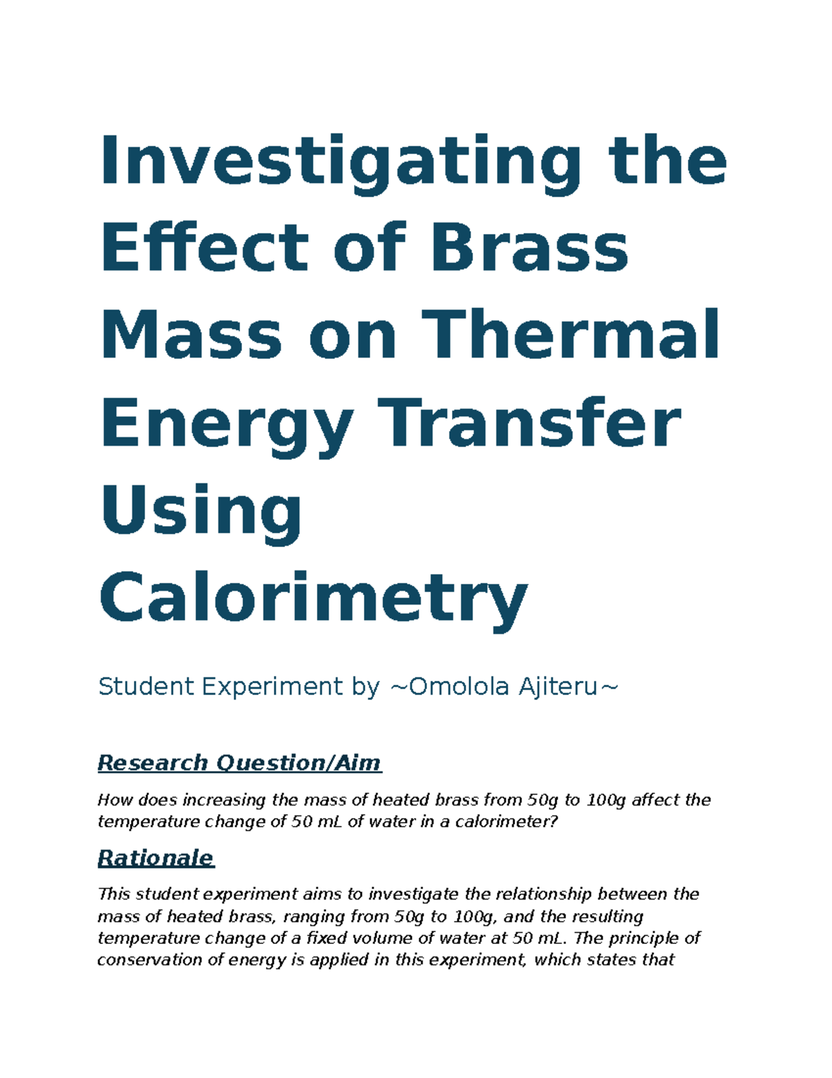 Investigating Brass Mass Impact on Thermal Energy Transfer (CHEM 101 ...
