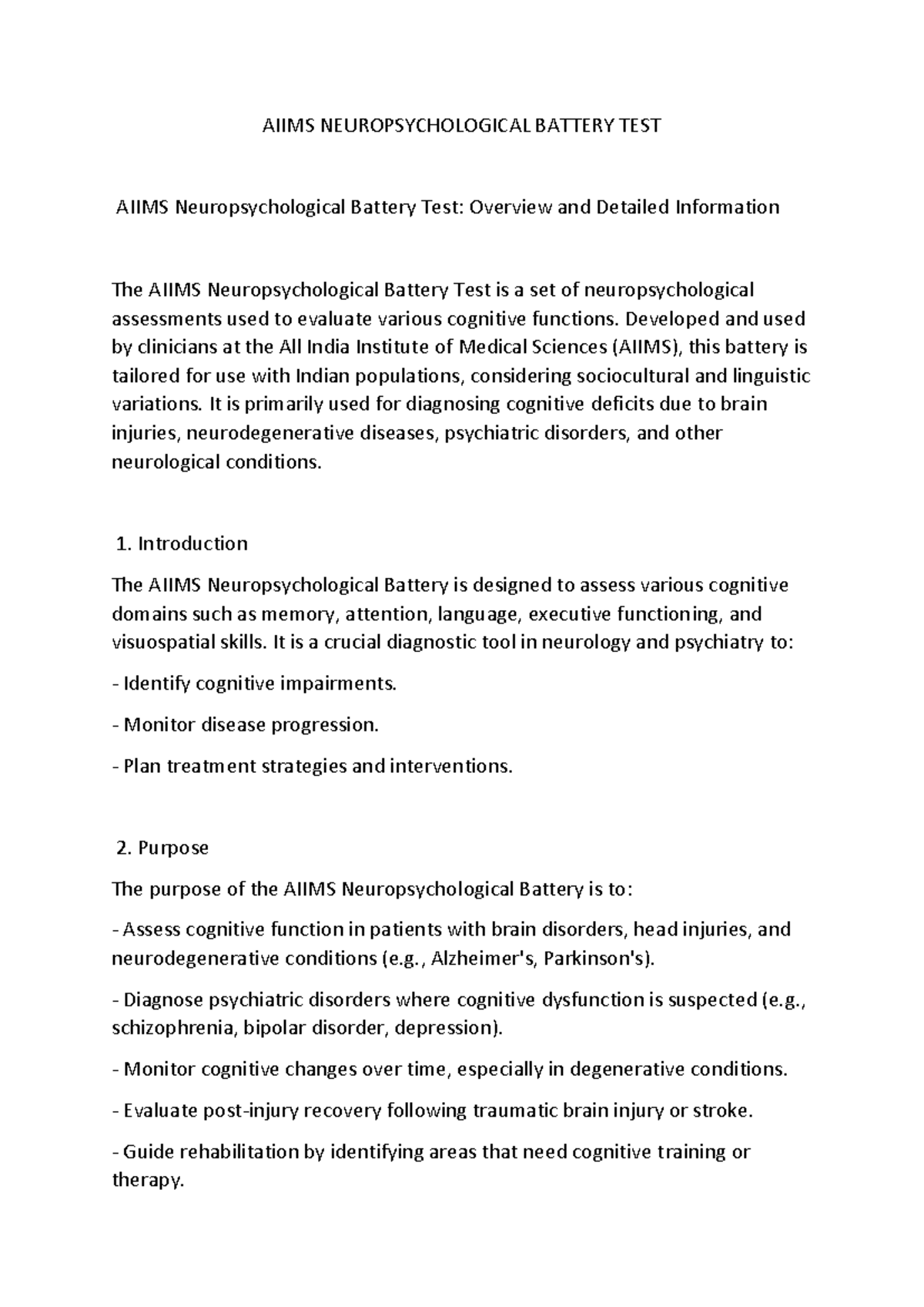AIIMS Neuropsychological Battery: Assessment and Rehabilitation ...