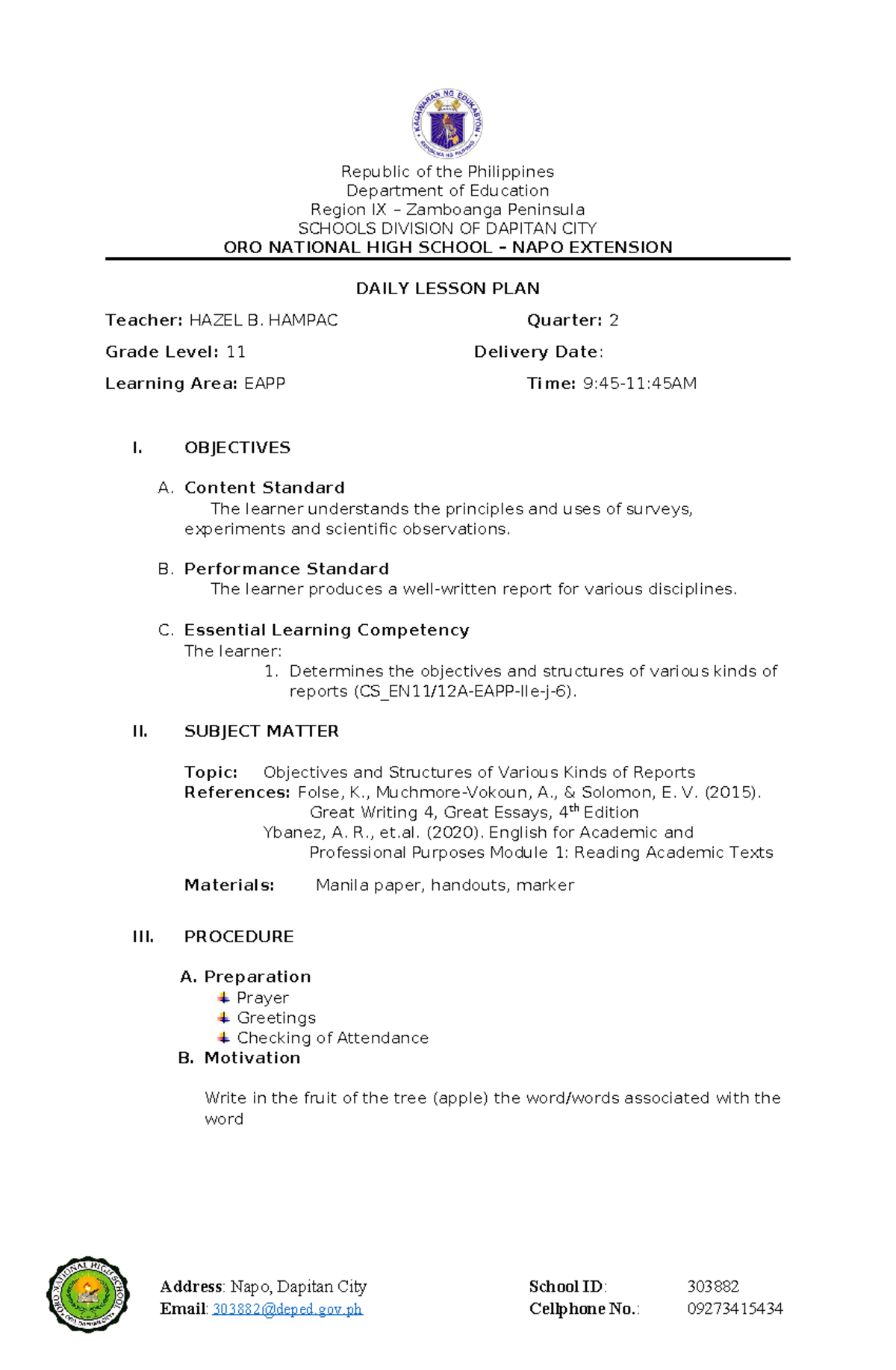 G11 Eapp Q2 Objectives Structures Of Reports Lesson Plan Studocu