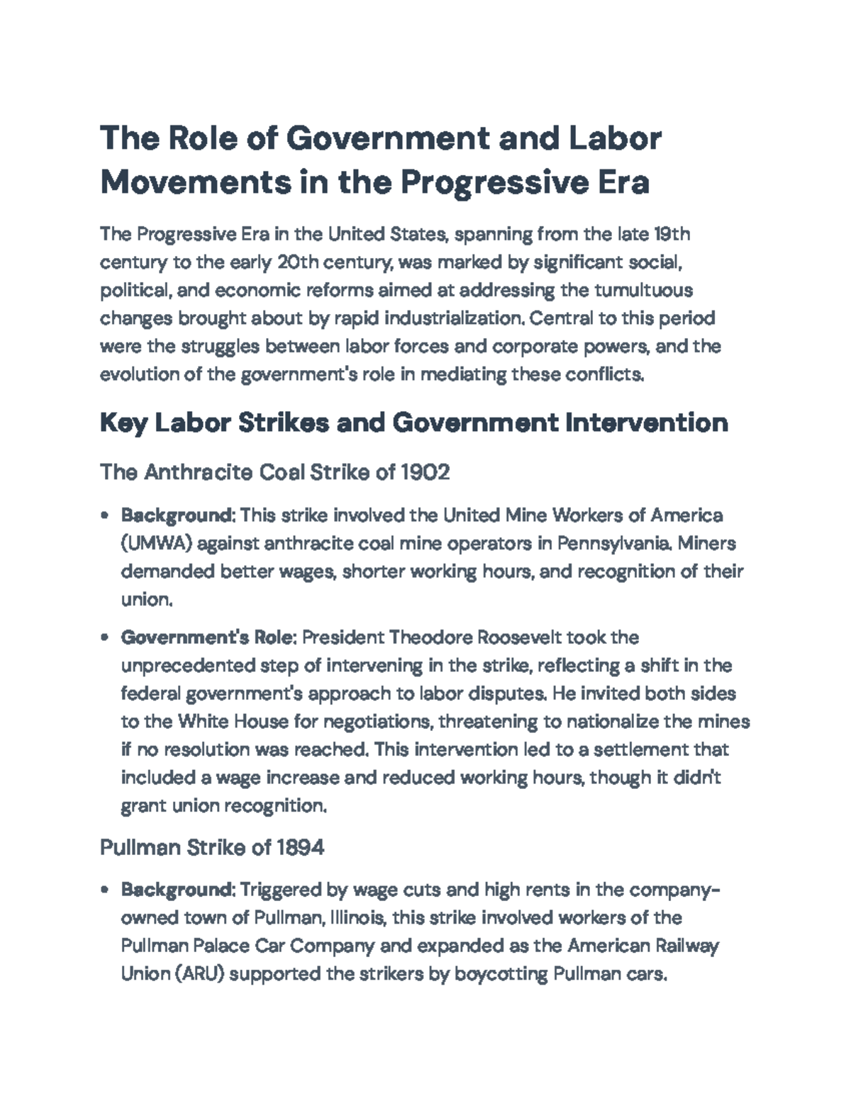 The Role of Government and Labor Movements in the Progressive Era - The ...