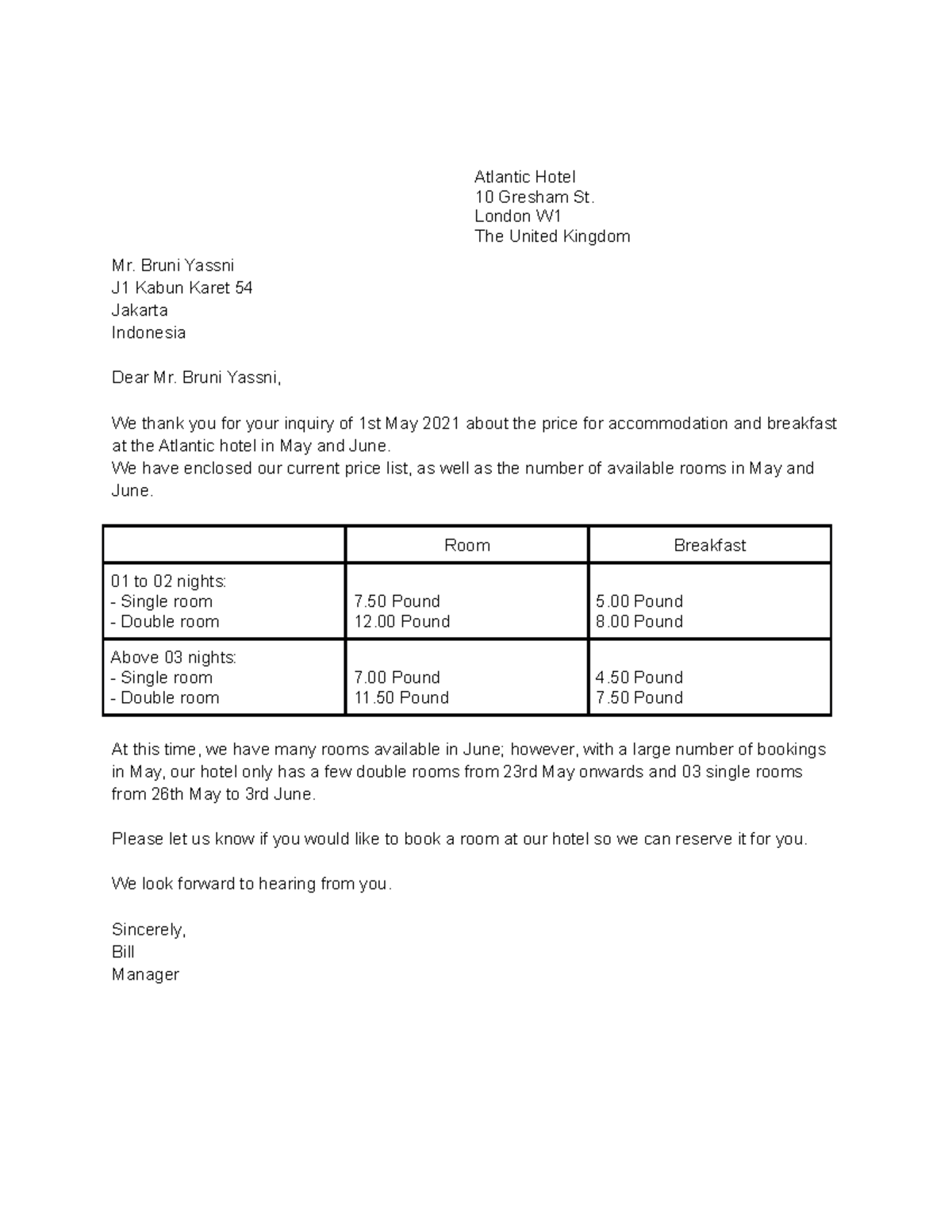 Sample Letter for Enquiries - Atlantic Hotel 10 Gresham St. London W ...