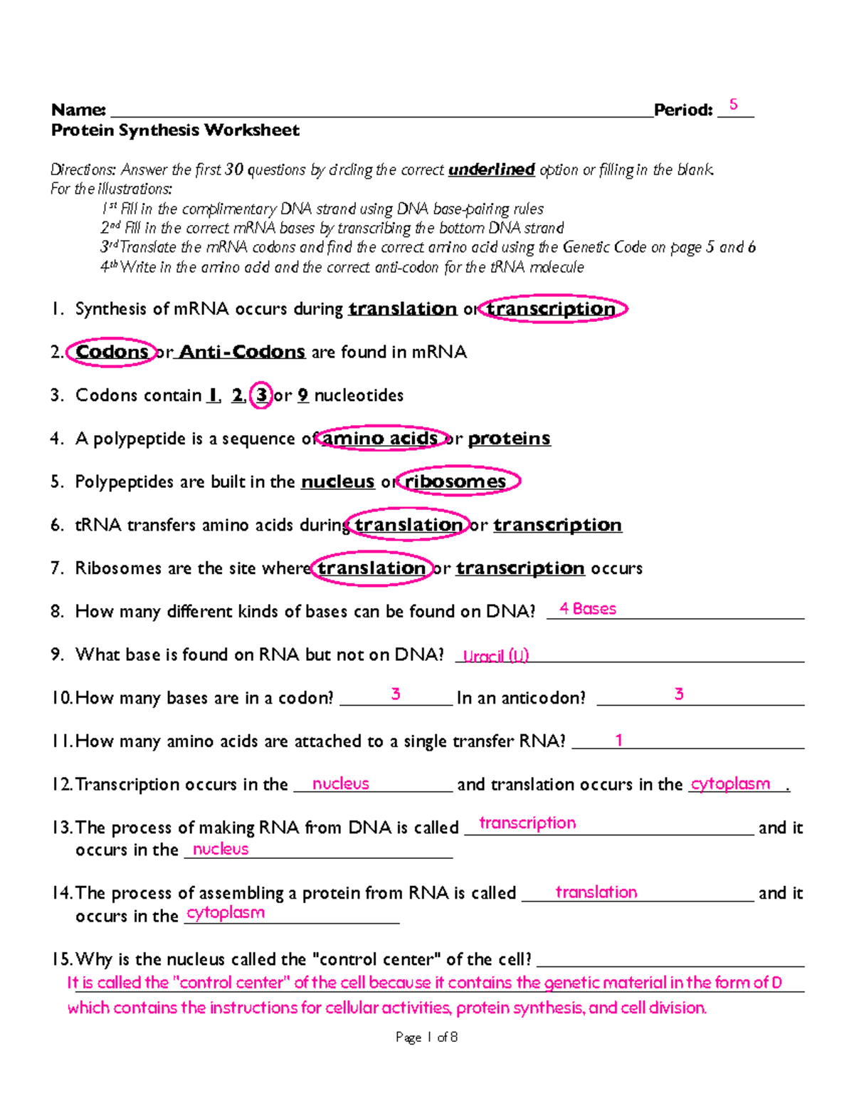 Protein Synthesis Worksheet (Bio 101) - Answer Key & Directions - Studocu