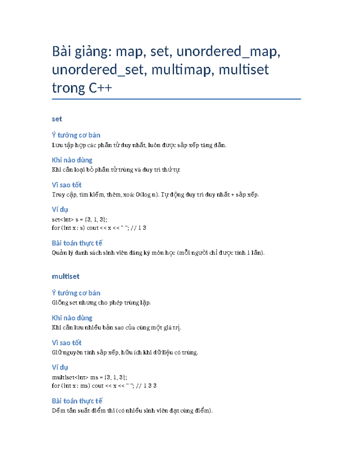 Bài giảng: C++ STL - Map, Set, UnorderedMap, UnorderedSet, MultiMap, MultiSet - Studocu