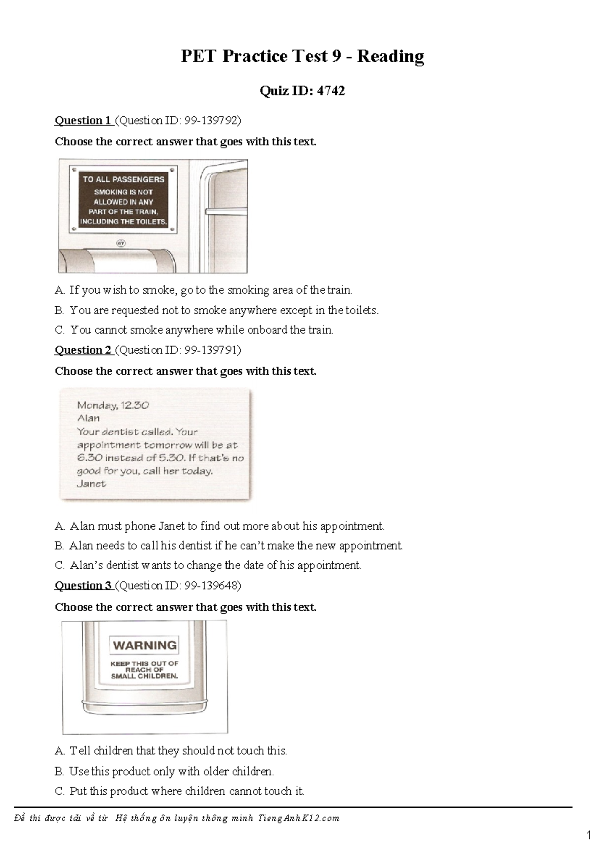 PET Practice Test 9: Reading Quiz ID 4742 - Studocu