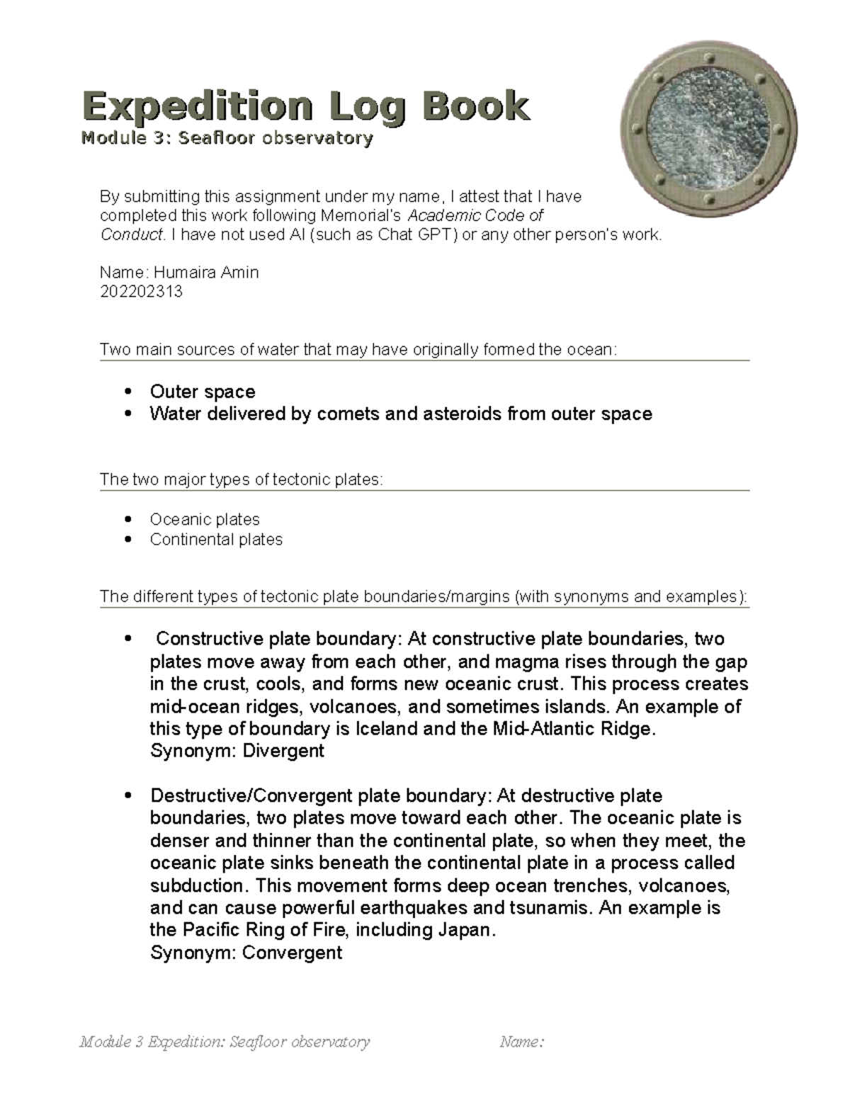 Expedition Log Book 3: Seafloor Observatory Insights - Studocu