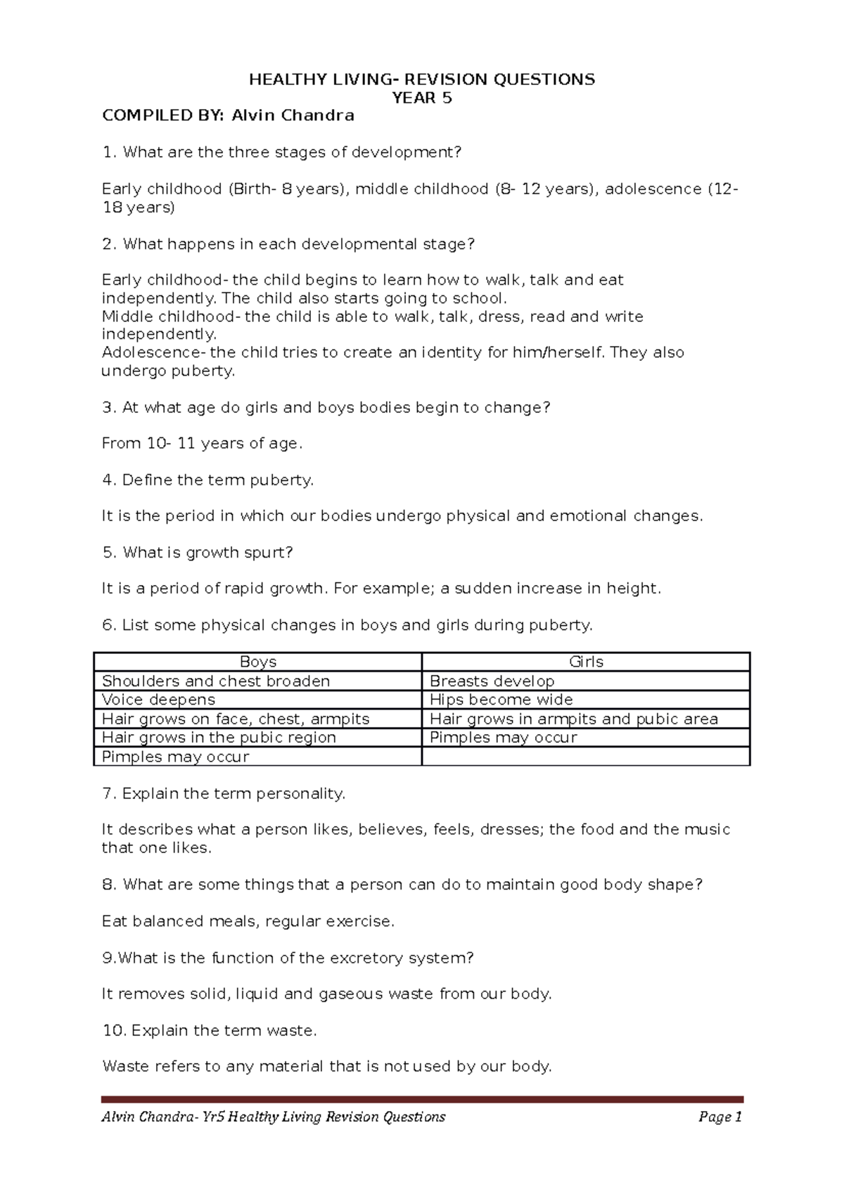 YR5 Healthy Living Revision Questions - Final Version Guide - Studocu