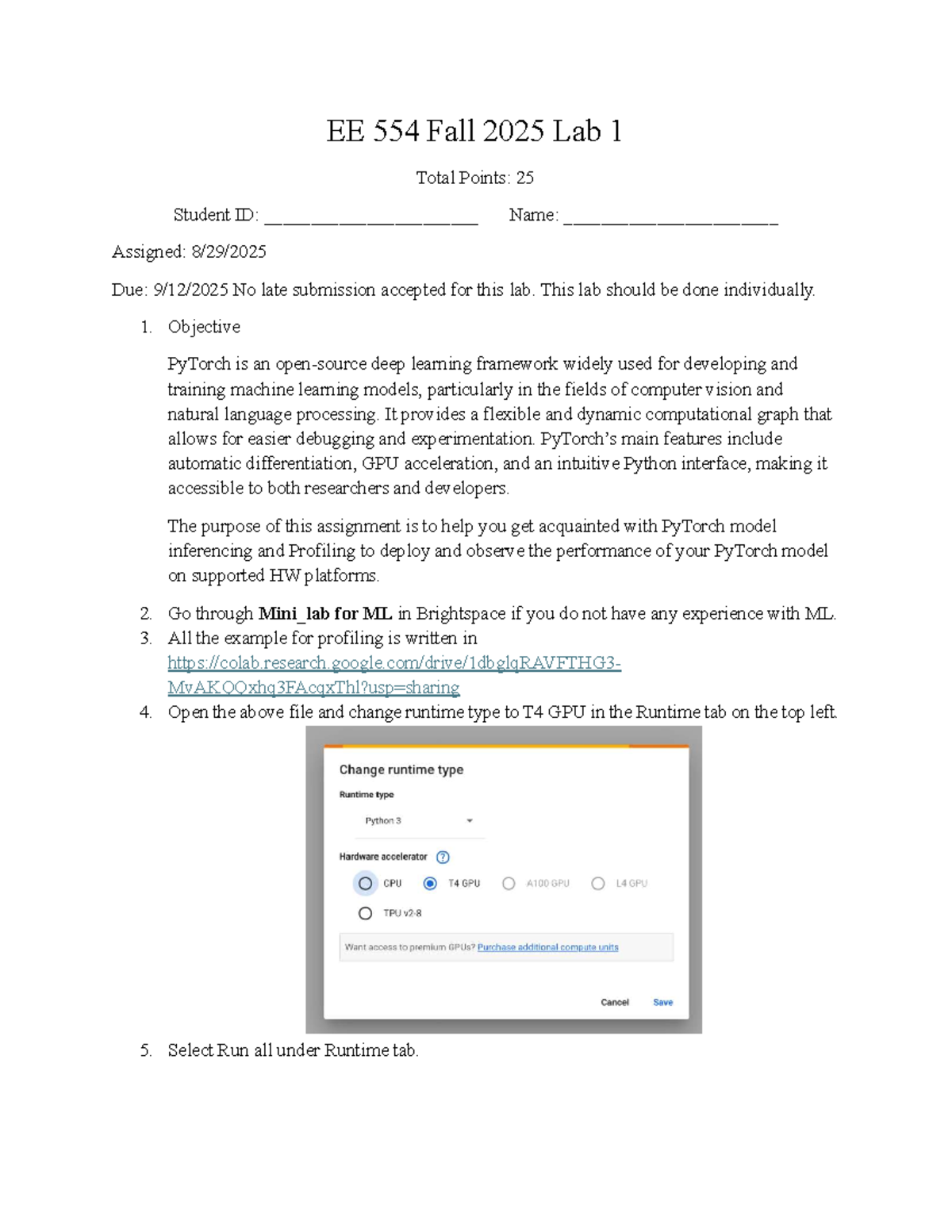 EE 554 Fall 2025 Lab 1: Introduction to PyTorch Model Inferencing - Studocu