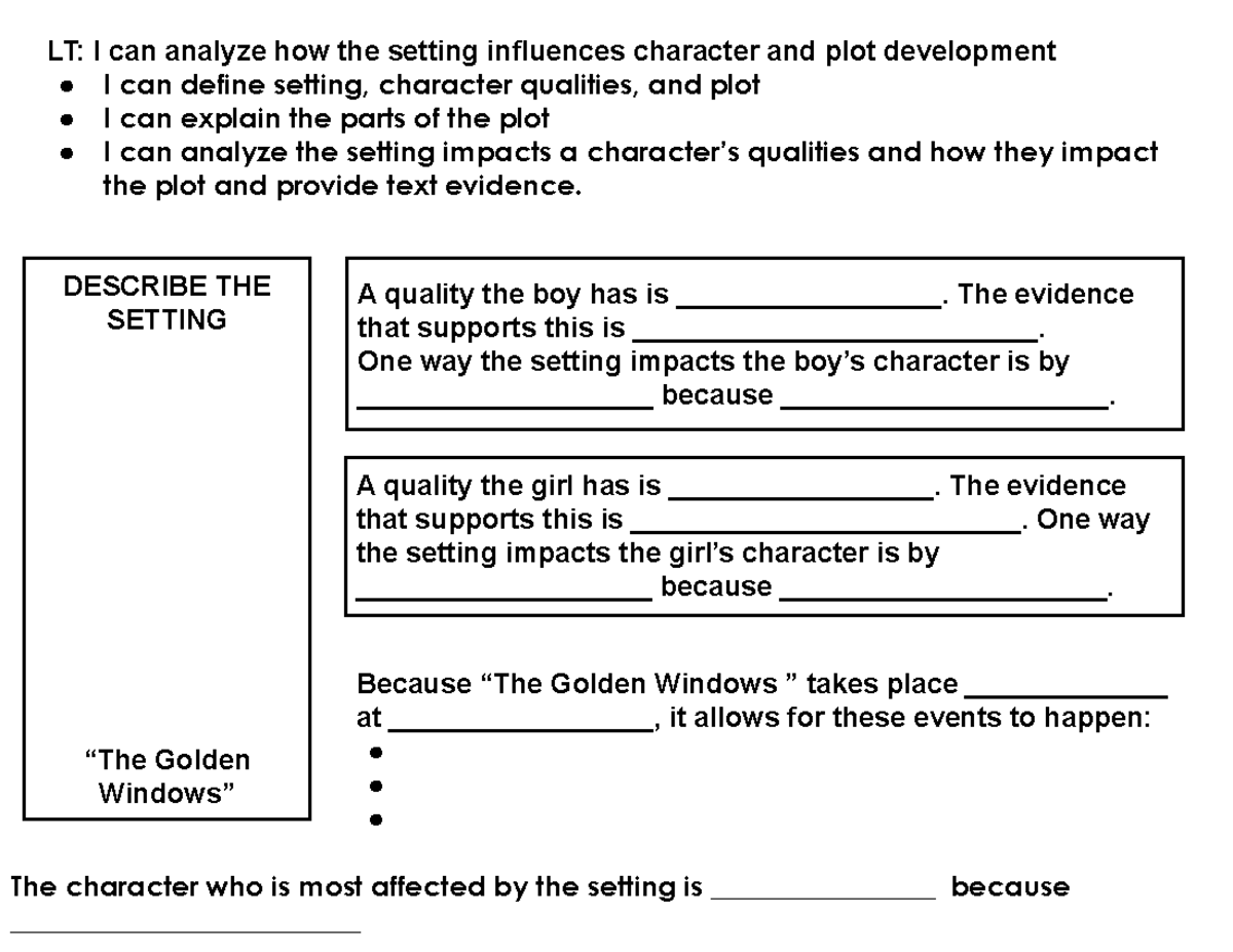 1 15 - TYM - Setting Influences - LT: I can analyze how the setting ...