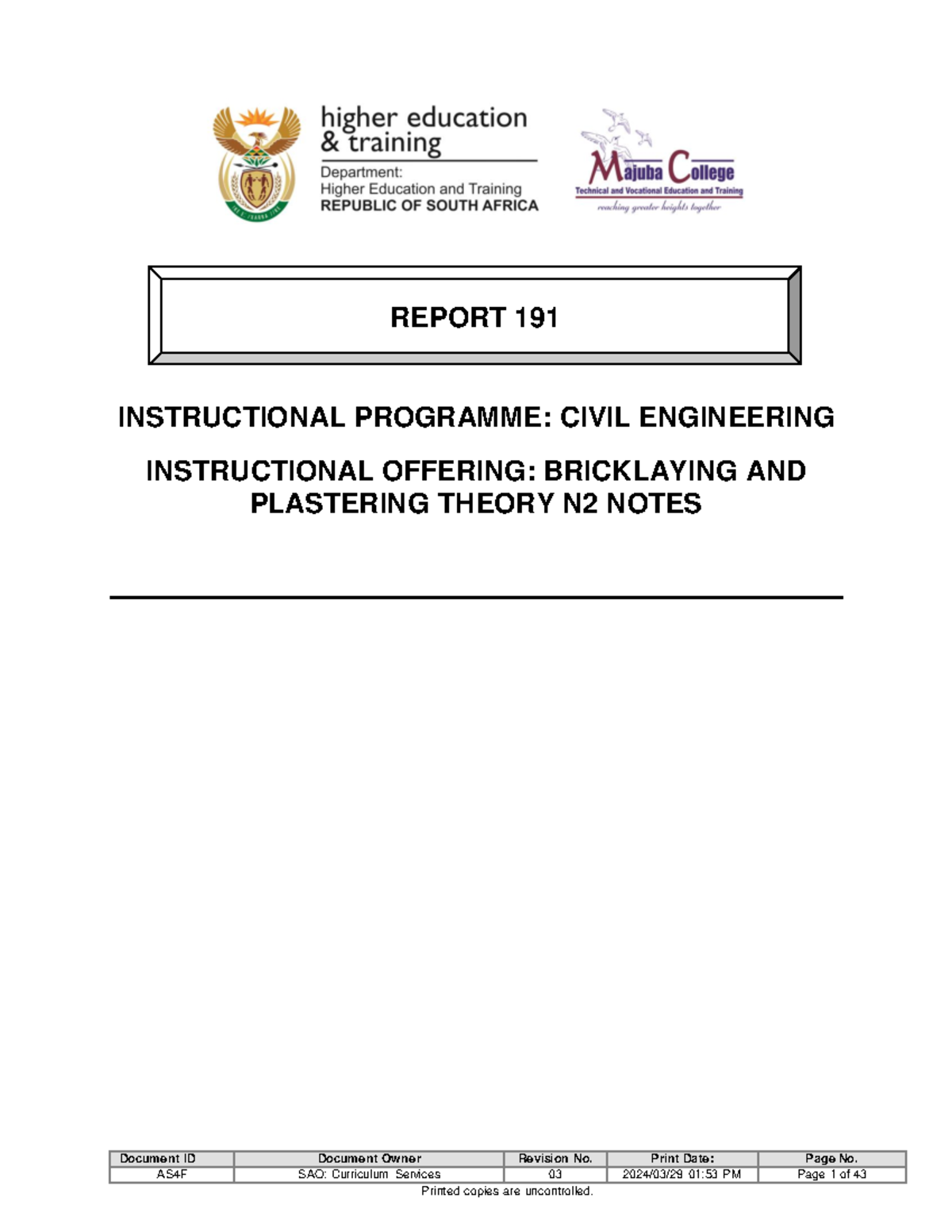 BPT N2 Lecture Notes - Bricklaying and Plastering Theory Overview - Studocu