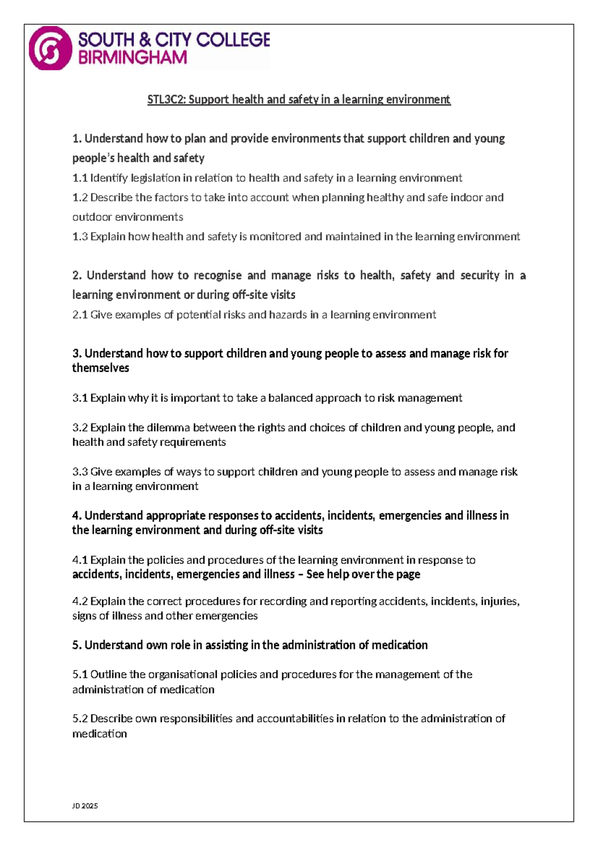 STL3C2: Health & Safety Support in Learning Environments - Studocu