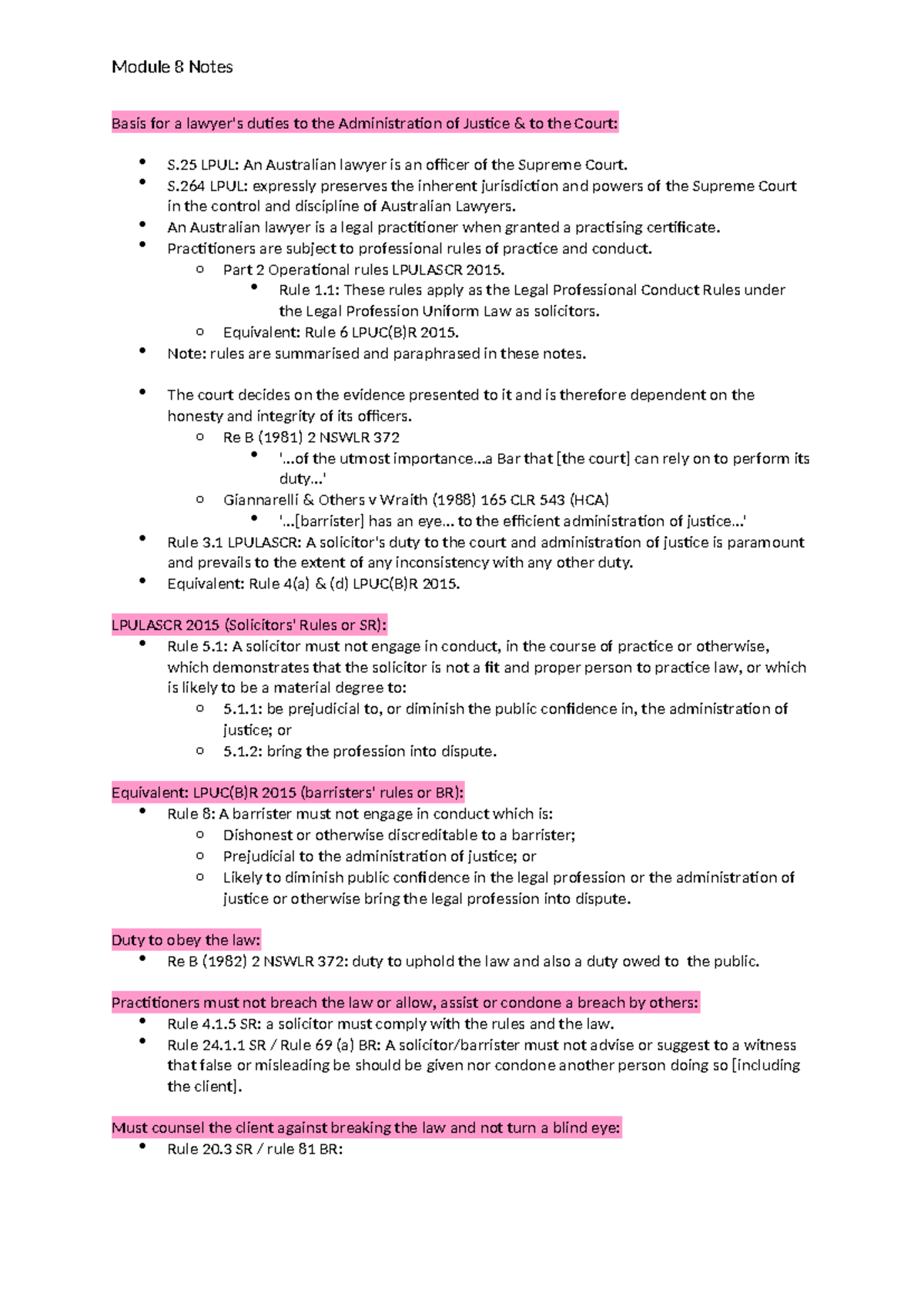 Module 8 Notes: Duties of Lawyers to the Court and Justice ...