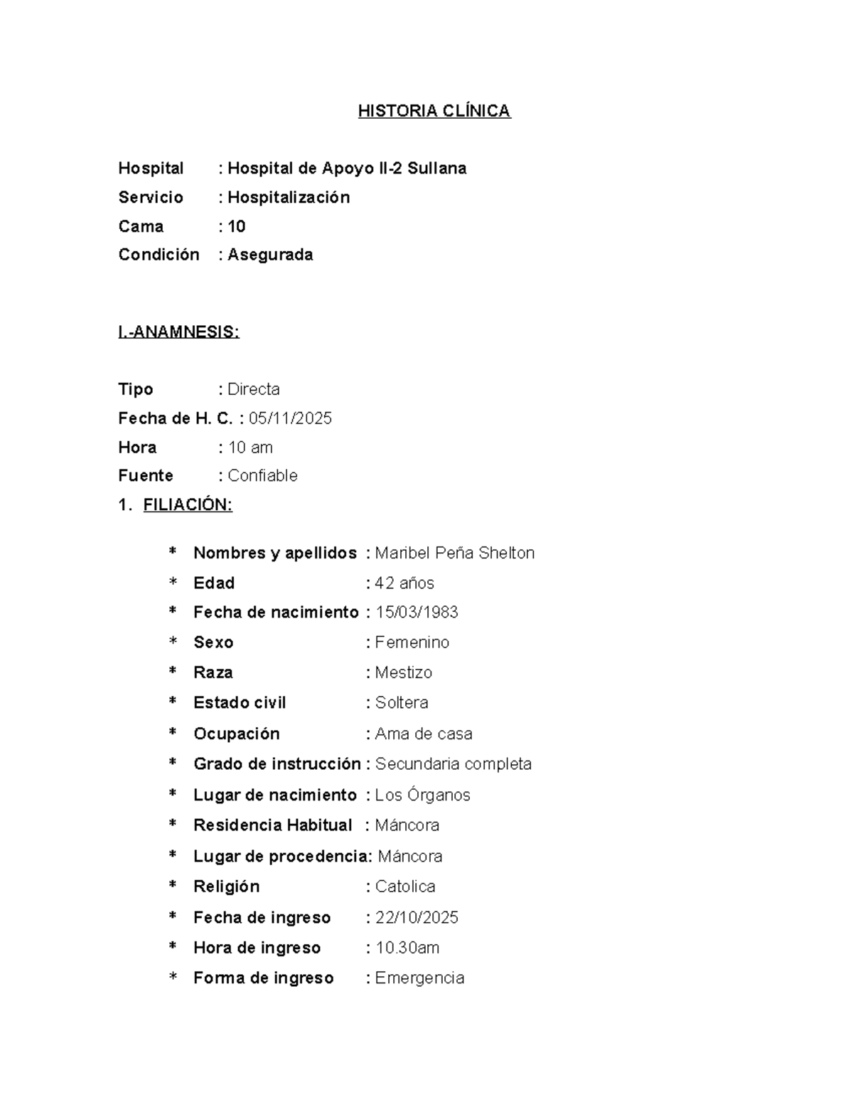 HCL 42 años - Anemia y Lupus Eritematoso Sistémico en Emergencia - Studocu