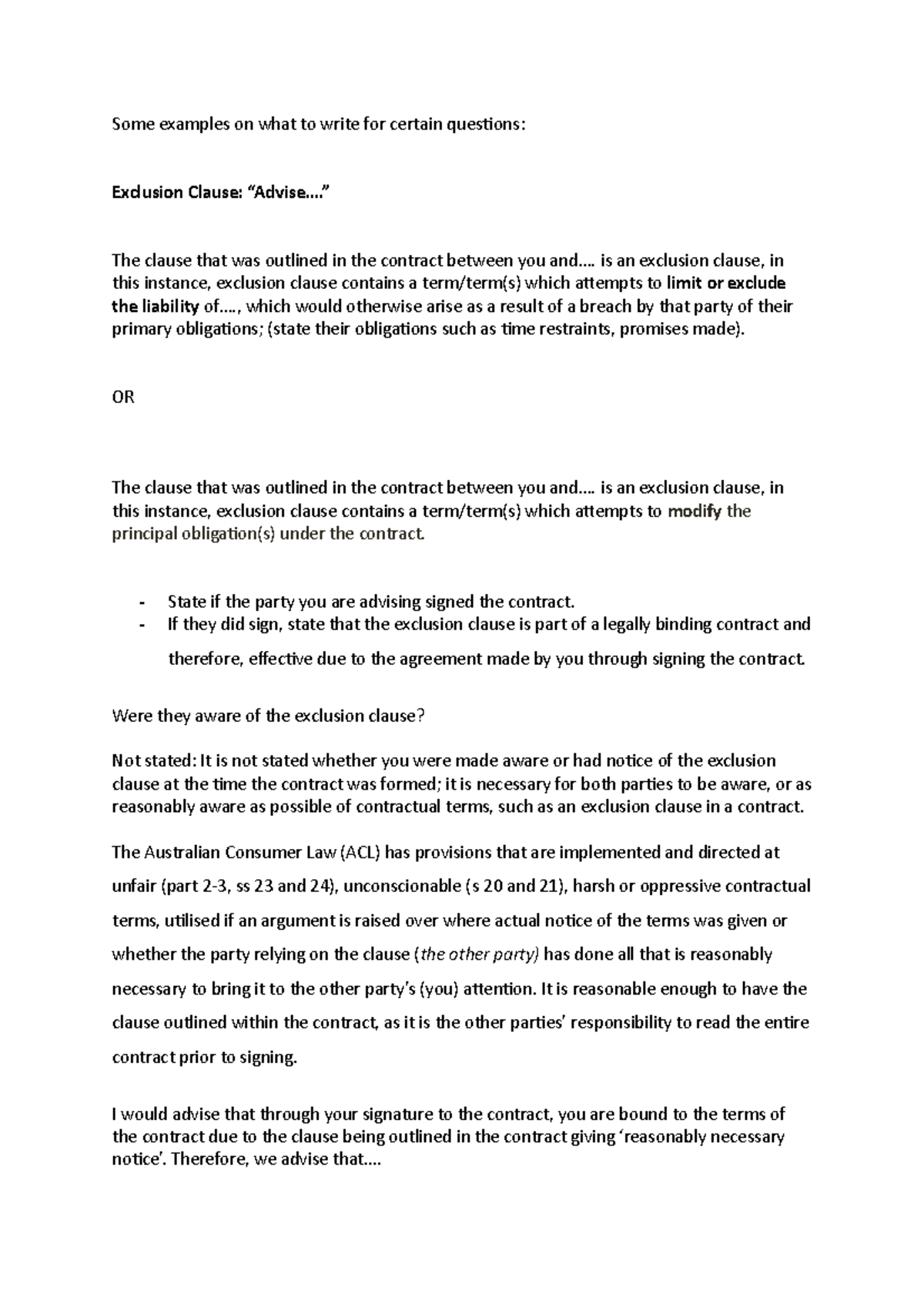 Legal Writing Guide: Sample Responses for Exclusion Clauses ...