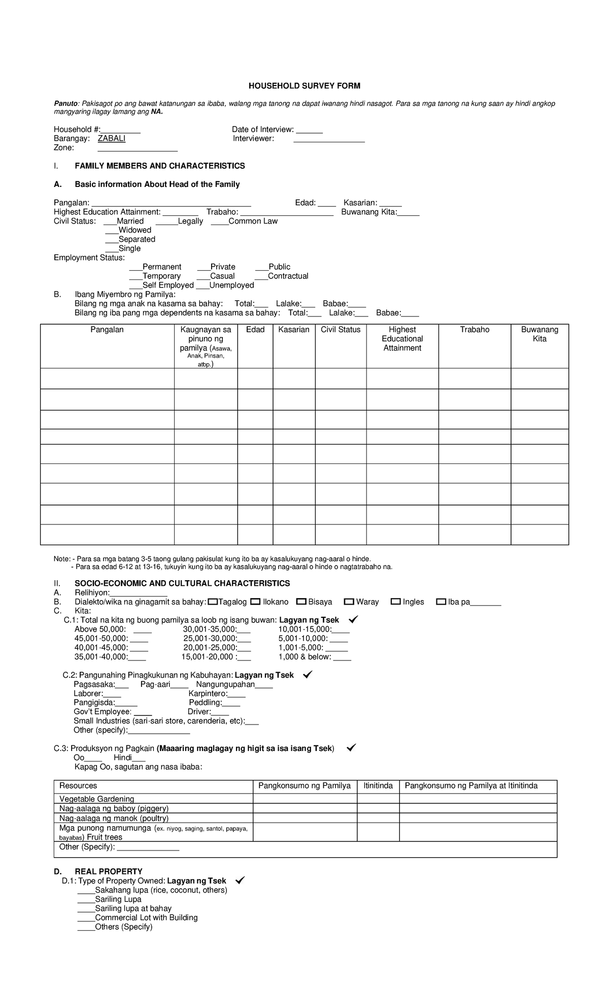 Revised Household Survey Form - Tagalog Edition - Studocu
