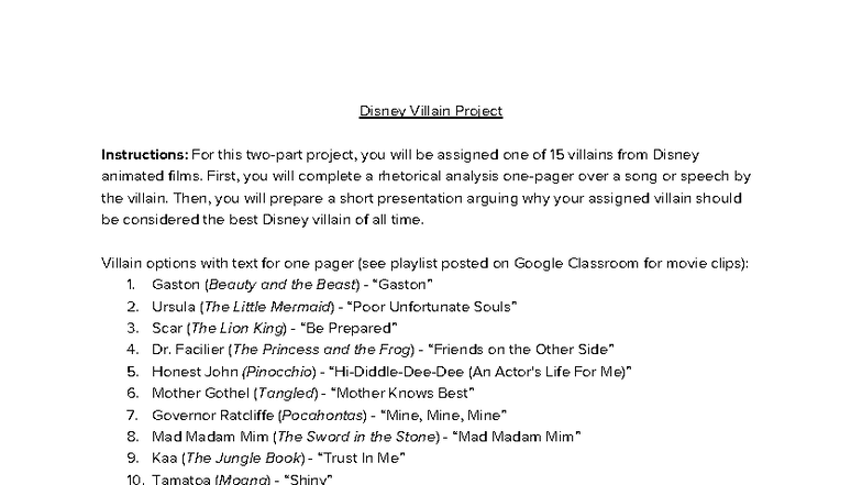 Copy of Disney Villain Project - Disney Villain Project Instructions ...