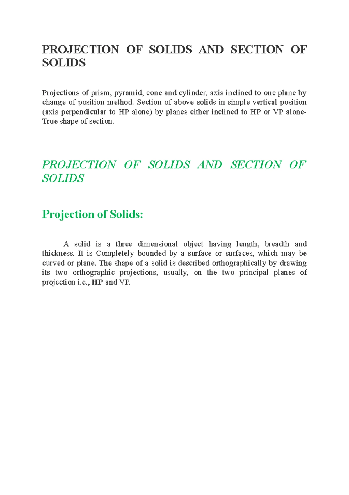 Projection OF Solids AND Section OF Solids - PROJECTION OF SOLIDS AND ...
