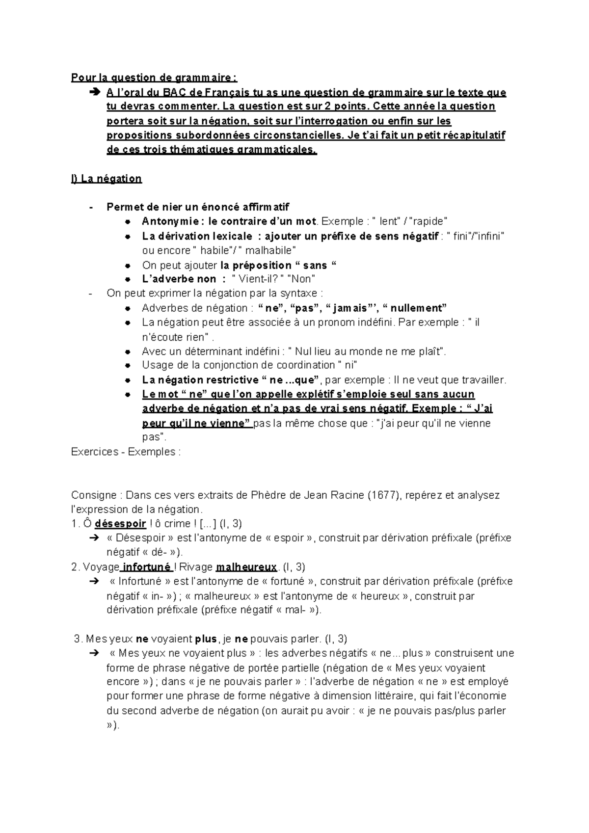 La question de grammaire pour l'oral du BAC de Français - Studocu