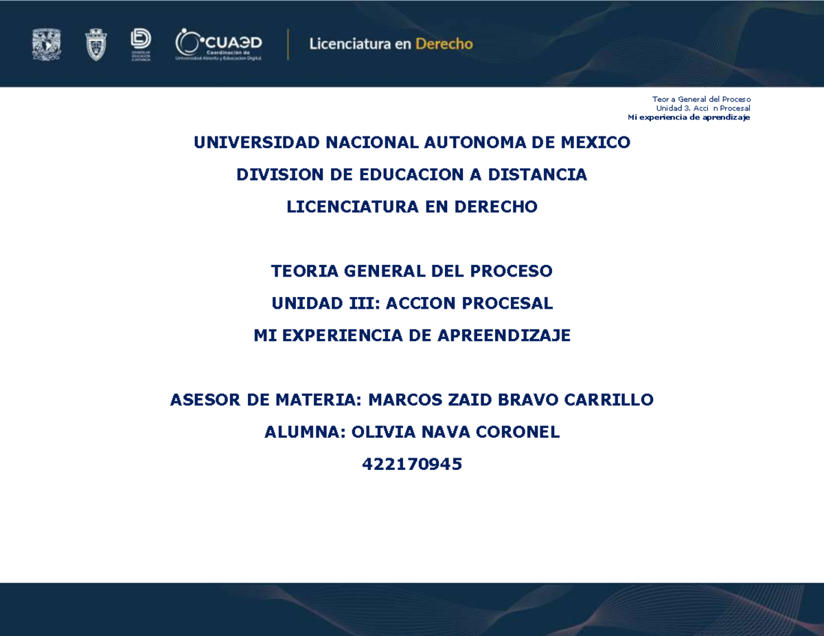 Teoría General del Proceso: Unidad 3 - Acción Procesal y Aprendizaje - Studocu