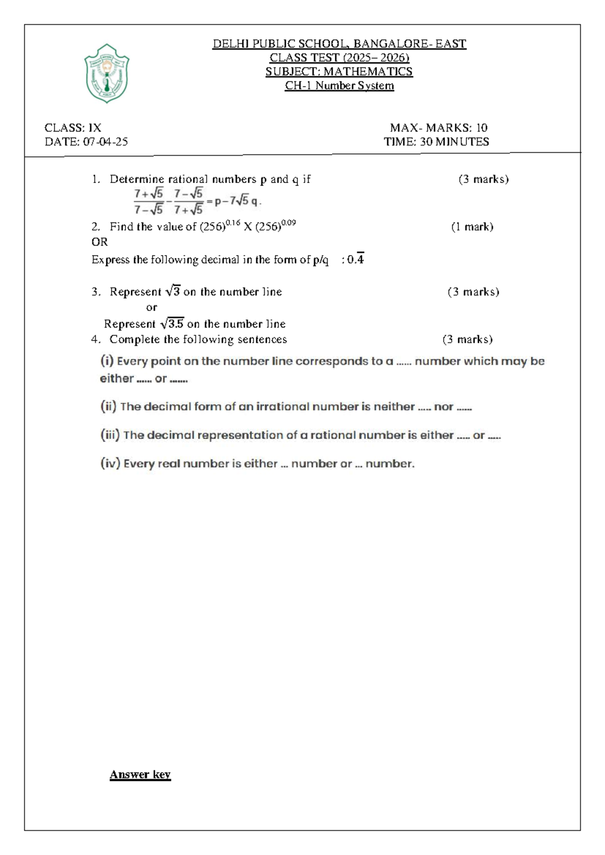 DPS East Class IX Test 2026: Mathematics - Number System - Studocu
