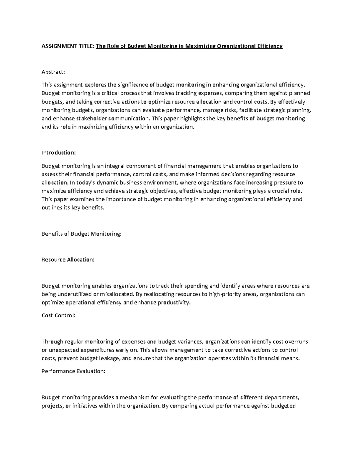 Budget Monitoring - GROUP WORK - ASSIGNMENT TITLE: The Role of Budget ...