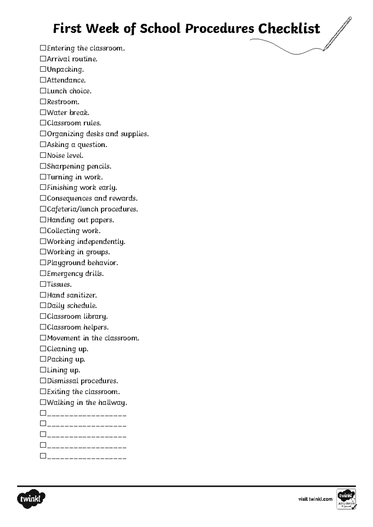 First Week of School Procedures Checklist for 3rd-5th Grade - ☐Entering ...