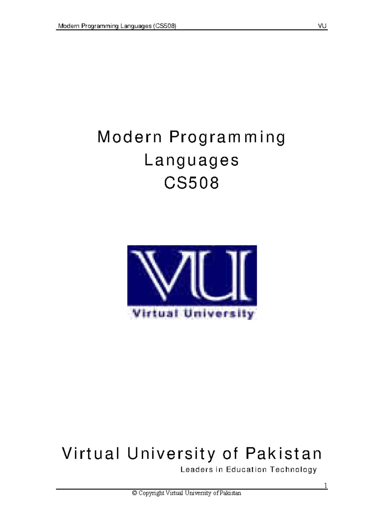 Cs508 Complete Handouts Modern Programming Languages Cs508 Vu 1 M Ode Rn Progra M M Ing La