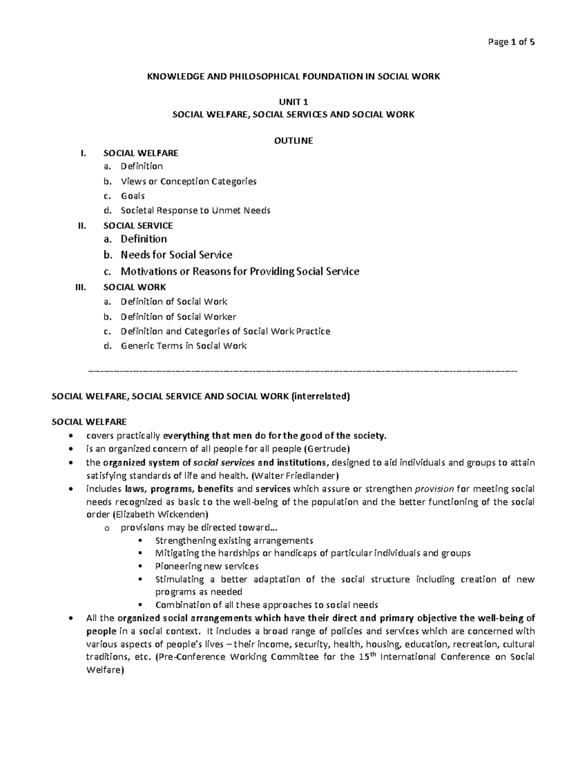 UNIT 1: Foundations of Social Welfare, Services & Social Work Overview ...