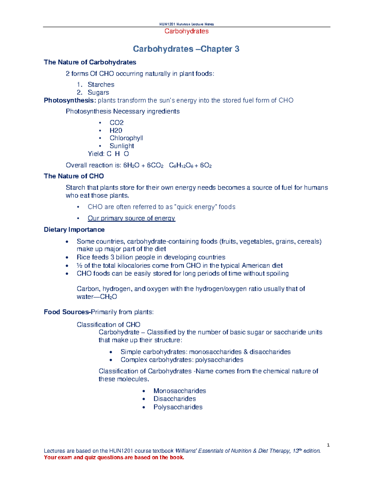 HUN1201 Final Exam Lecture Notes on Carbohydrates and Their Functions ...