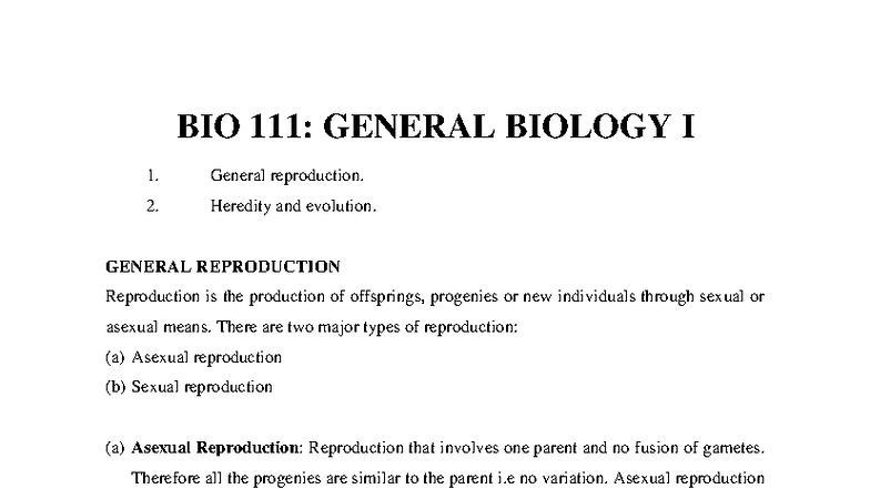 BIO 111 - General Biology: Reproduction, Heredity, and Evolution - Studocu