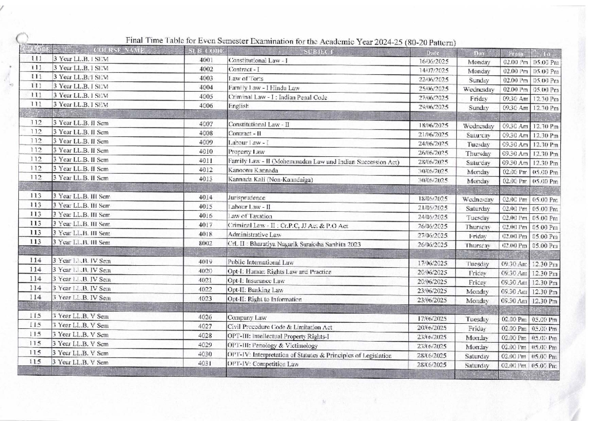 Final Exam Time Table for Even Semester - 3 Year LL.B. & 5 Year B.A ...