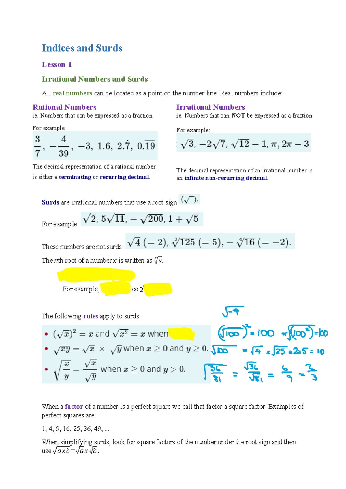 1b. Lesson 1: Irrational Numbers & Surds Explained - Studocu