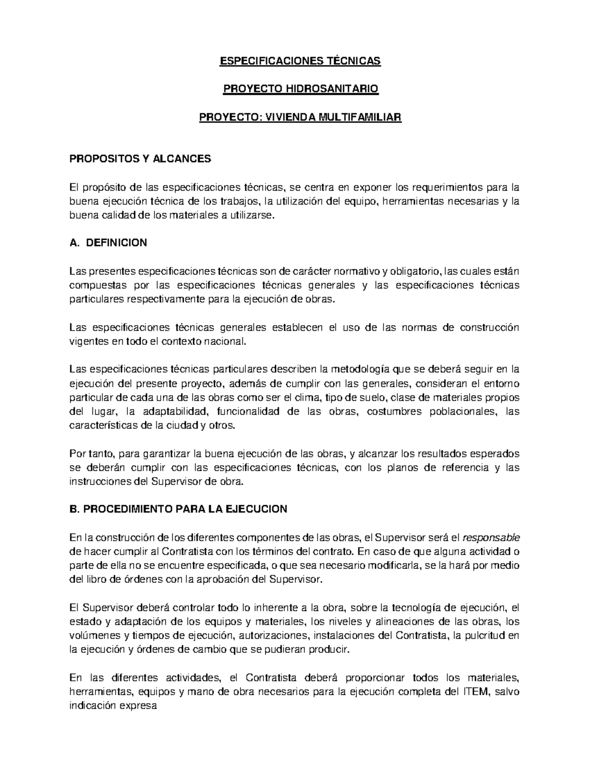 Especificaciones Técnicas del Proyecto Hidrosanitario para Vivienda Multifamiliar - Studocu