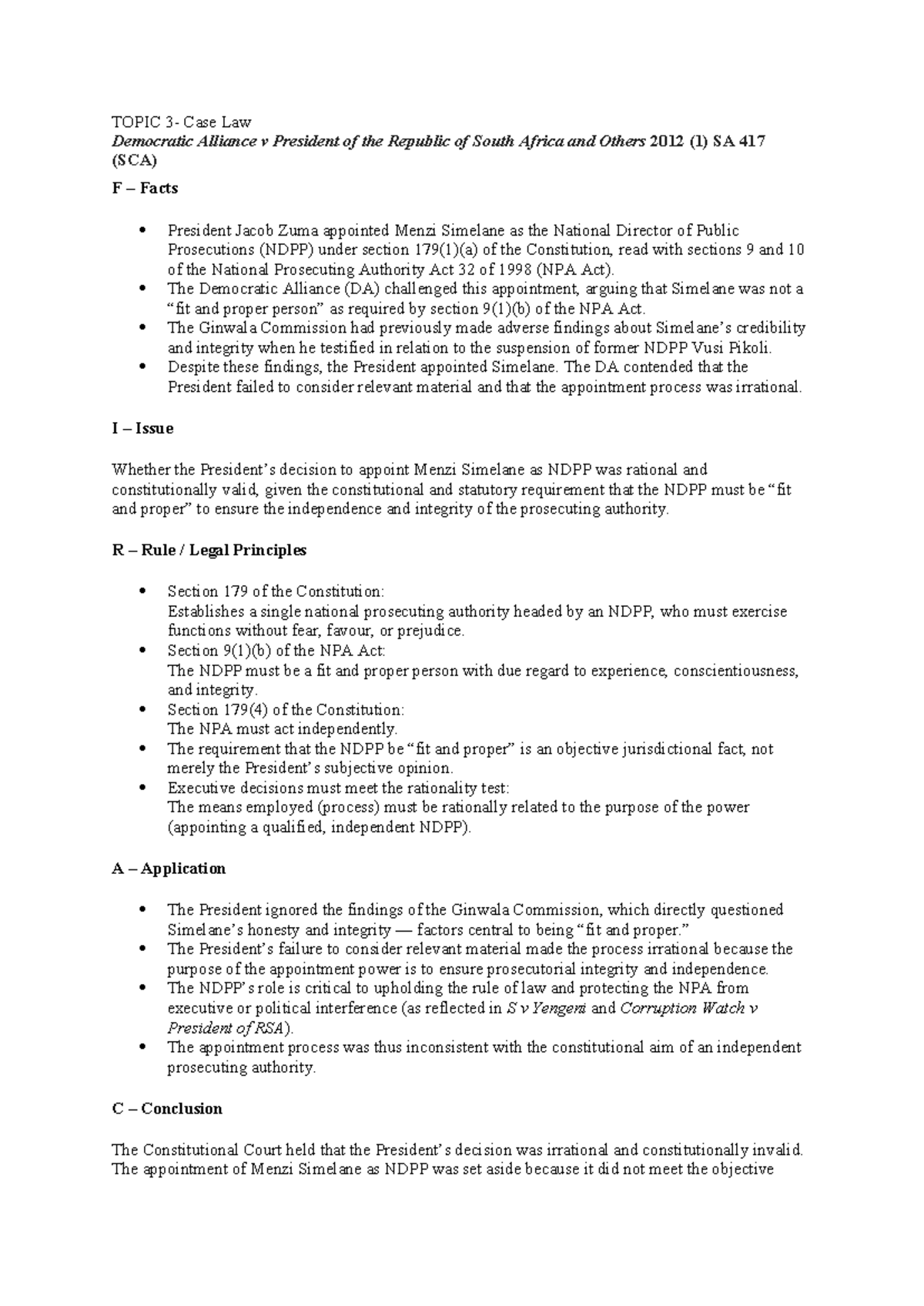 Case Law Analysis: Democratic Alliance v President of RSA (2012) - Studocu