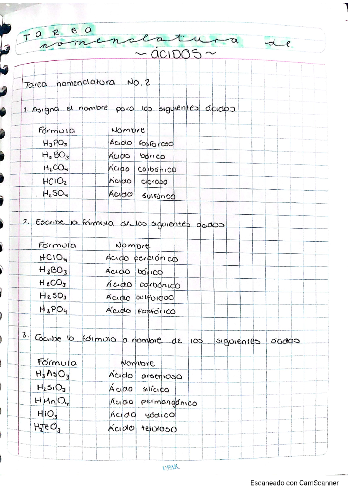 QG1- Tarea 1 Y 2 DE Nomenclatura - T a R e a d aciDOS Tarea nomenciatura NO. 2 1. Asigna el ...
